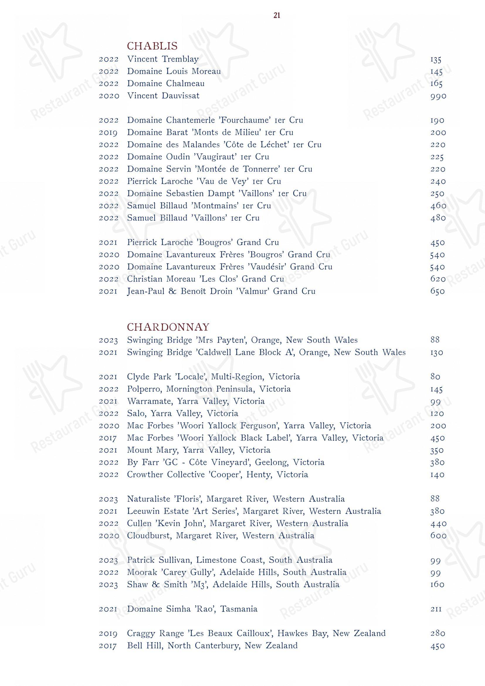 Menu at Restaurant Hubert, Sydney