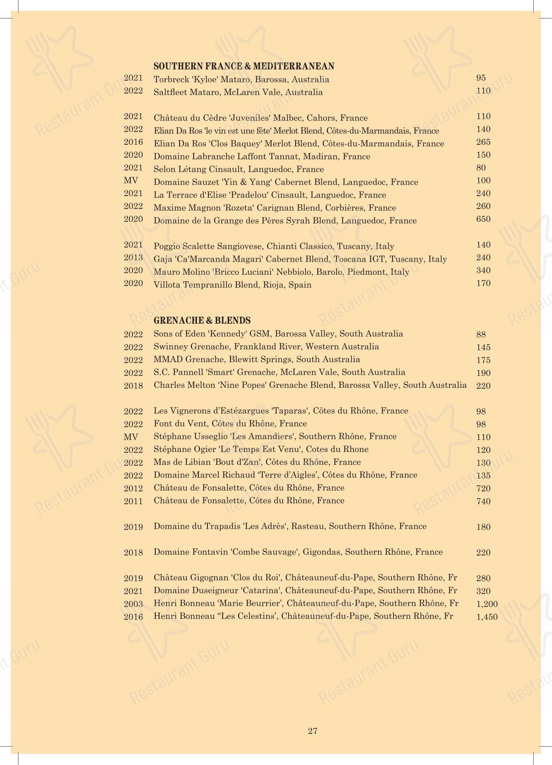 Menu at Restaurant Hubert, Sydney