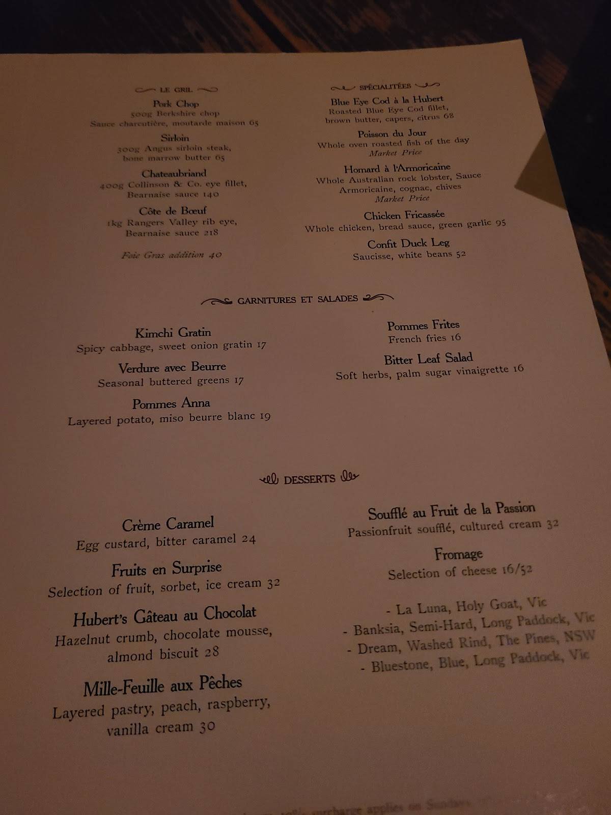 Menu at Restaurant Hubert, Sydney