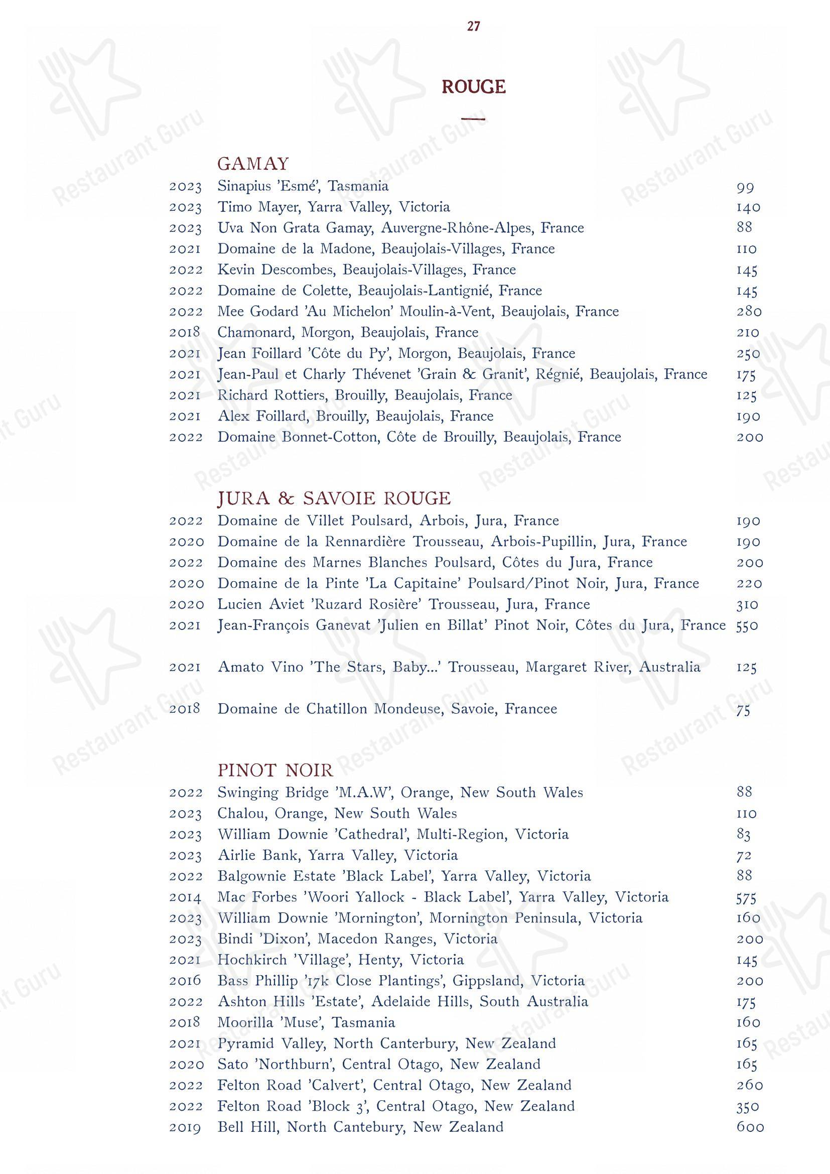 Menu at Restaurant Hubert, Sydney
