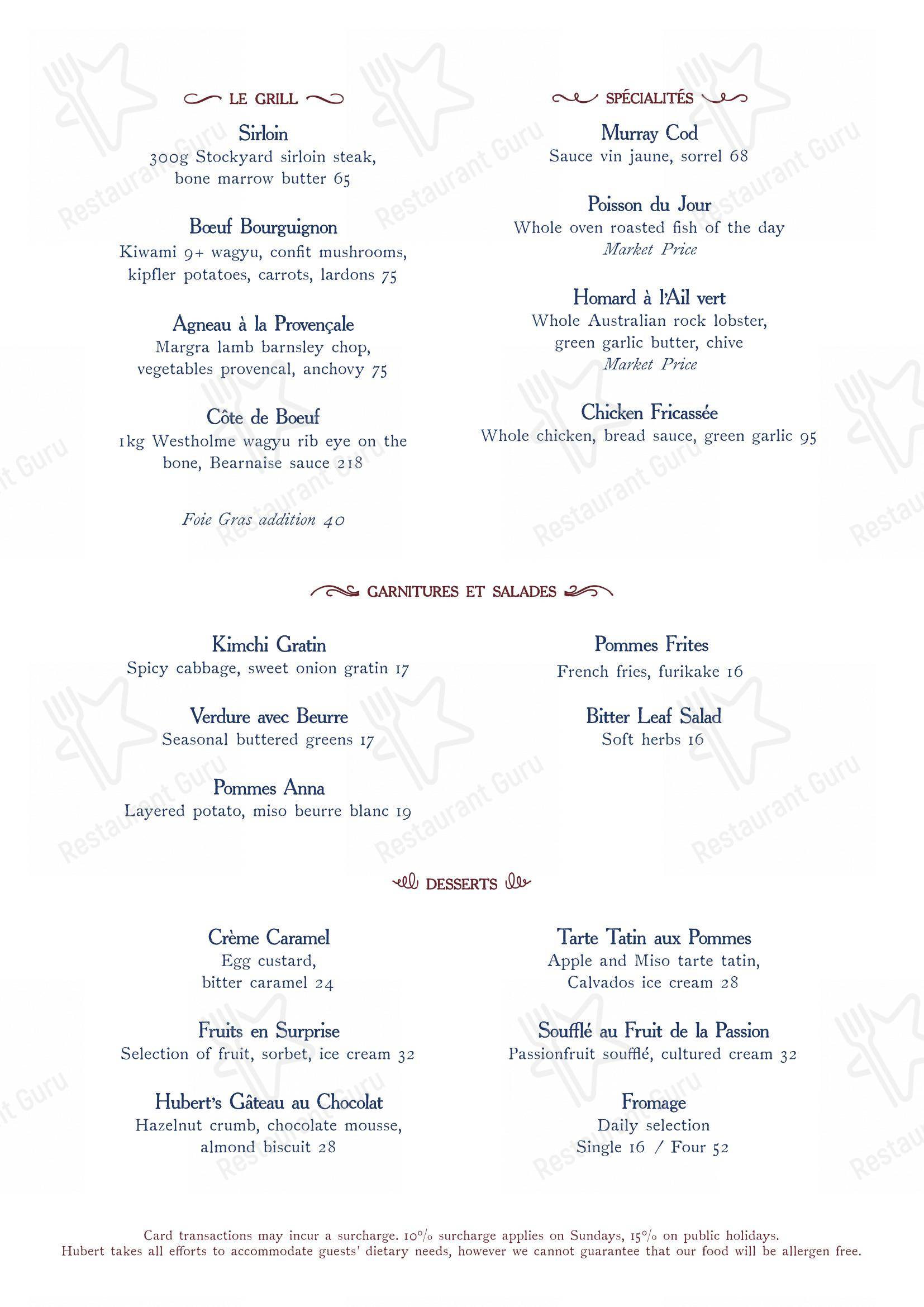 Menu at Restaurant Hubert, Sydney