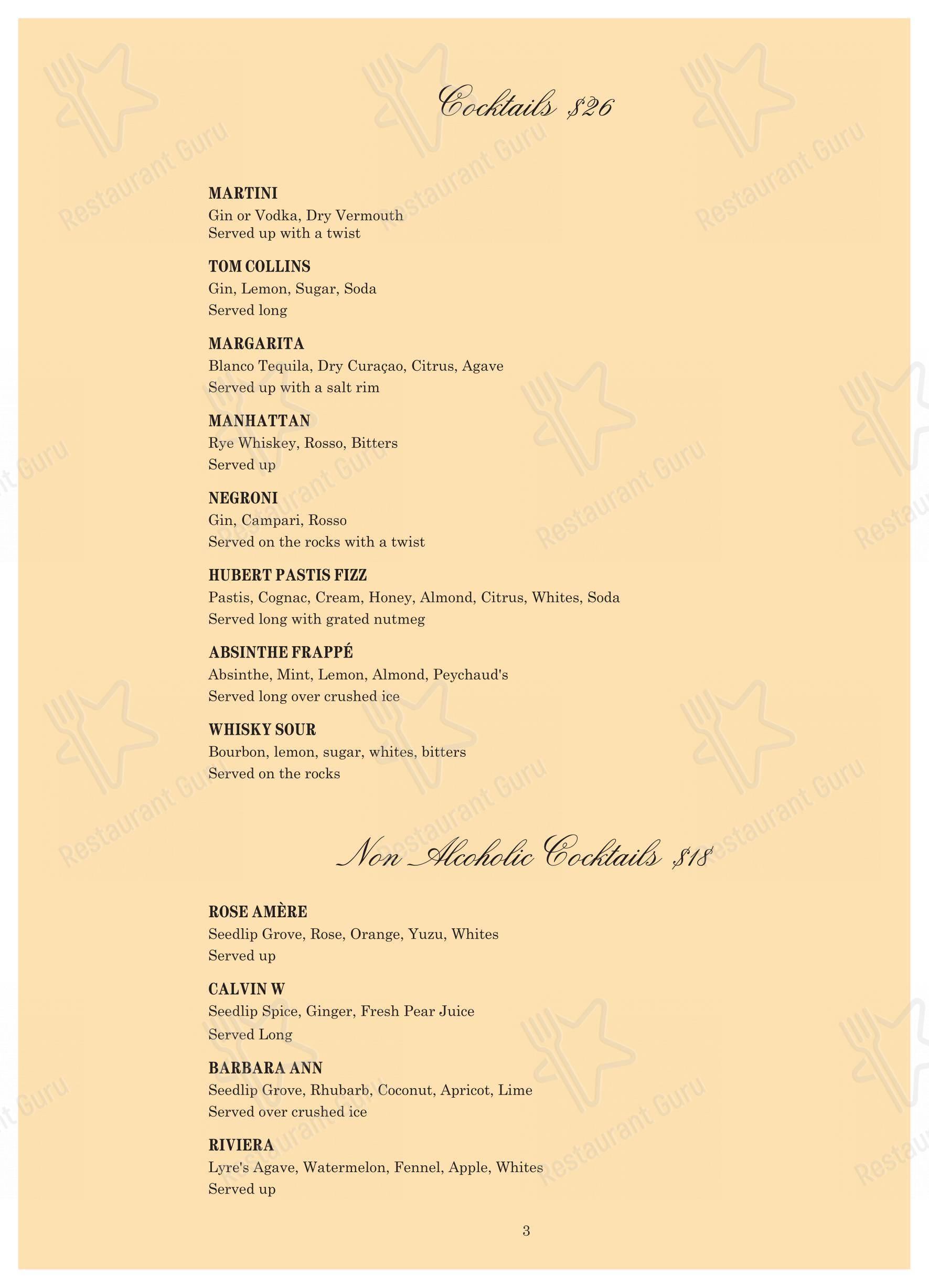 Menu at Restaurant Hubert, Sydney