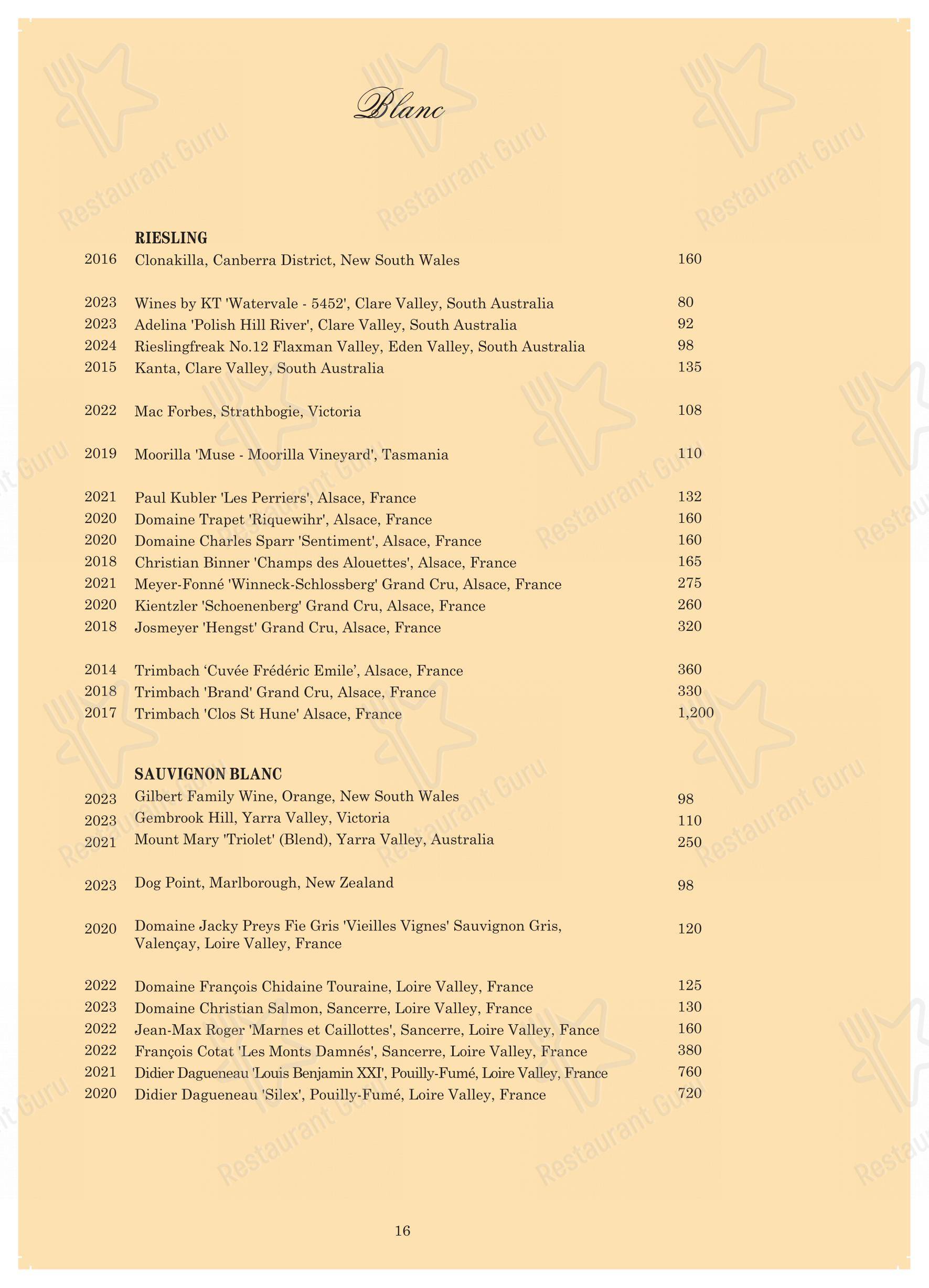 Menu at Restaurant Hubert, Sydney