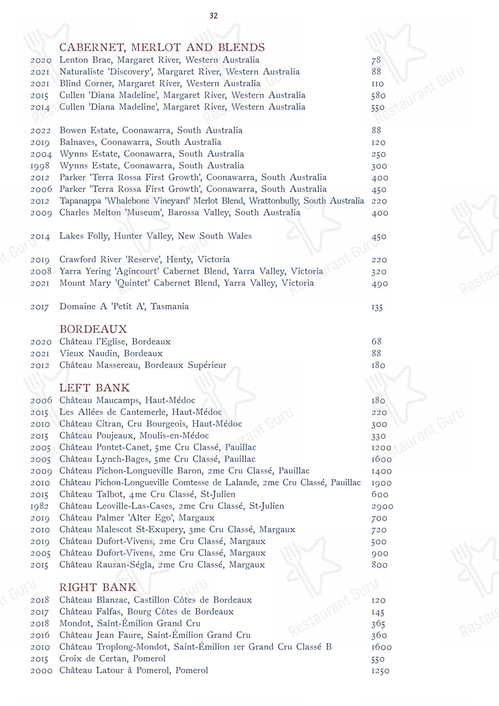 Menu at Restaurant Hubert, Sydney