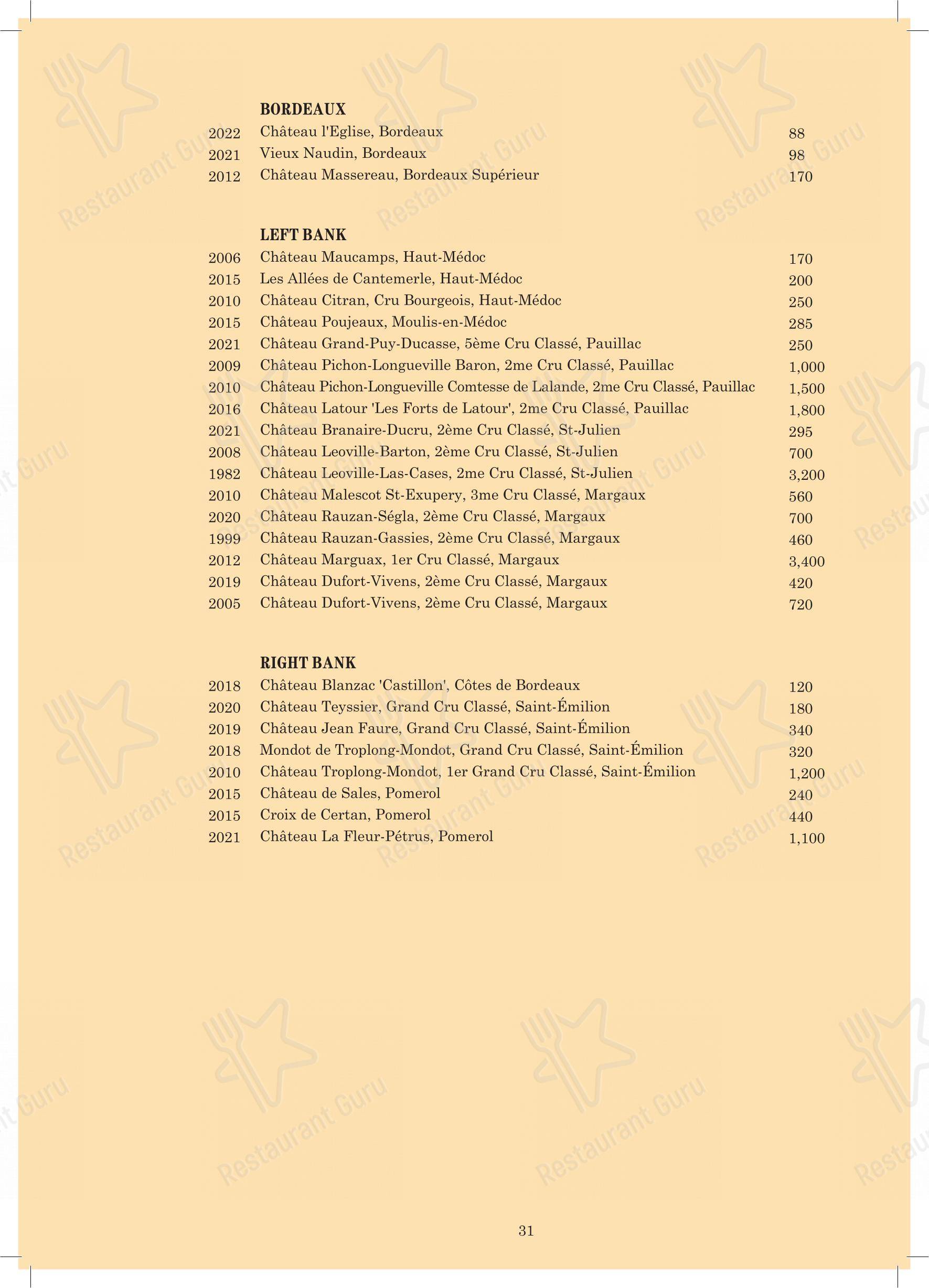 Menu at Restaurant Hubert, Sydney