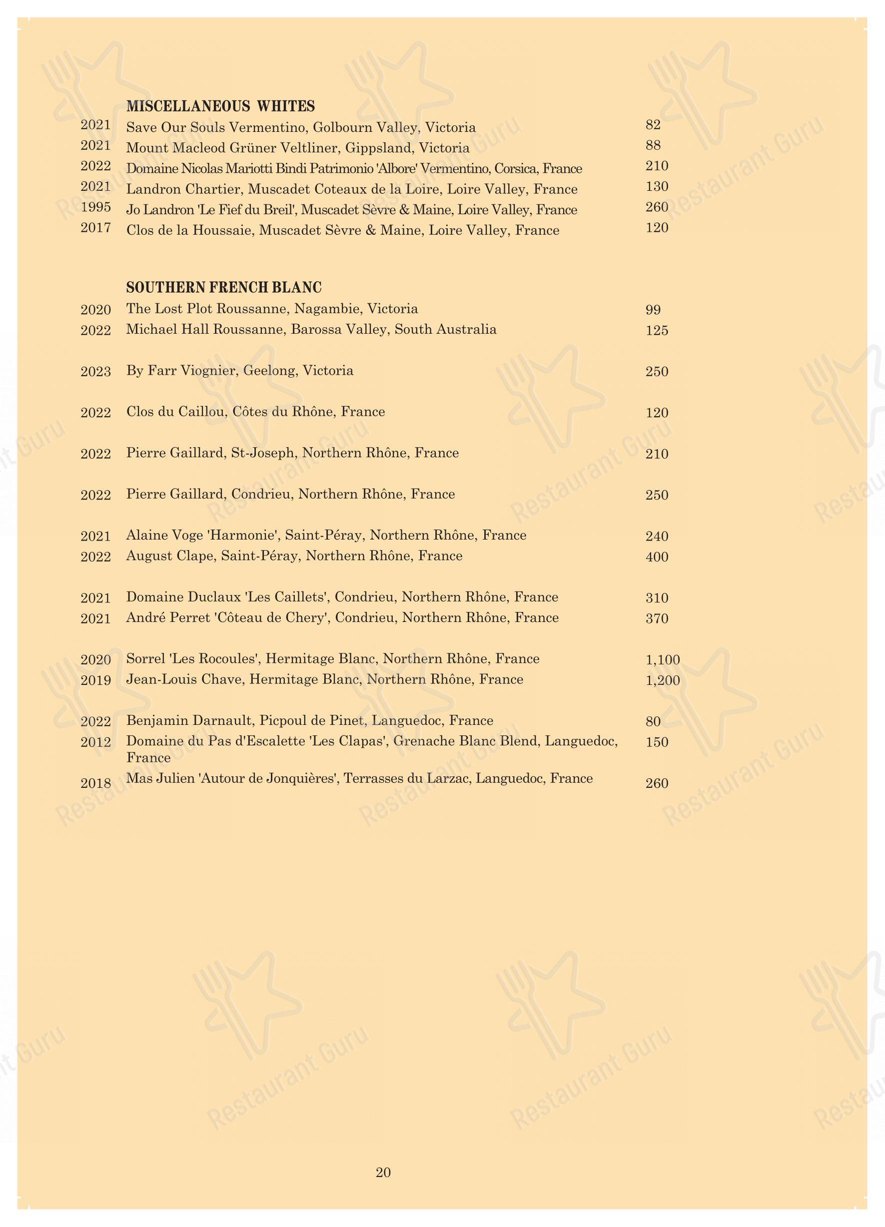 Menu at Restaurant Hubert, Sydney