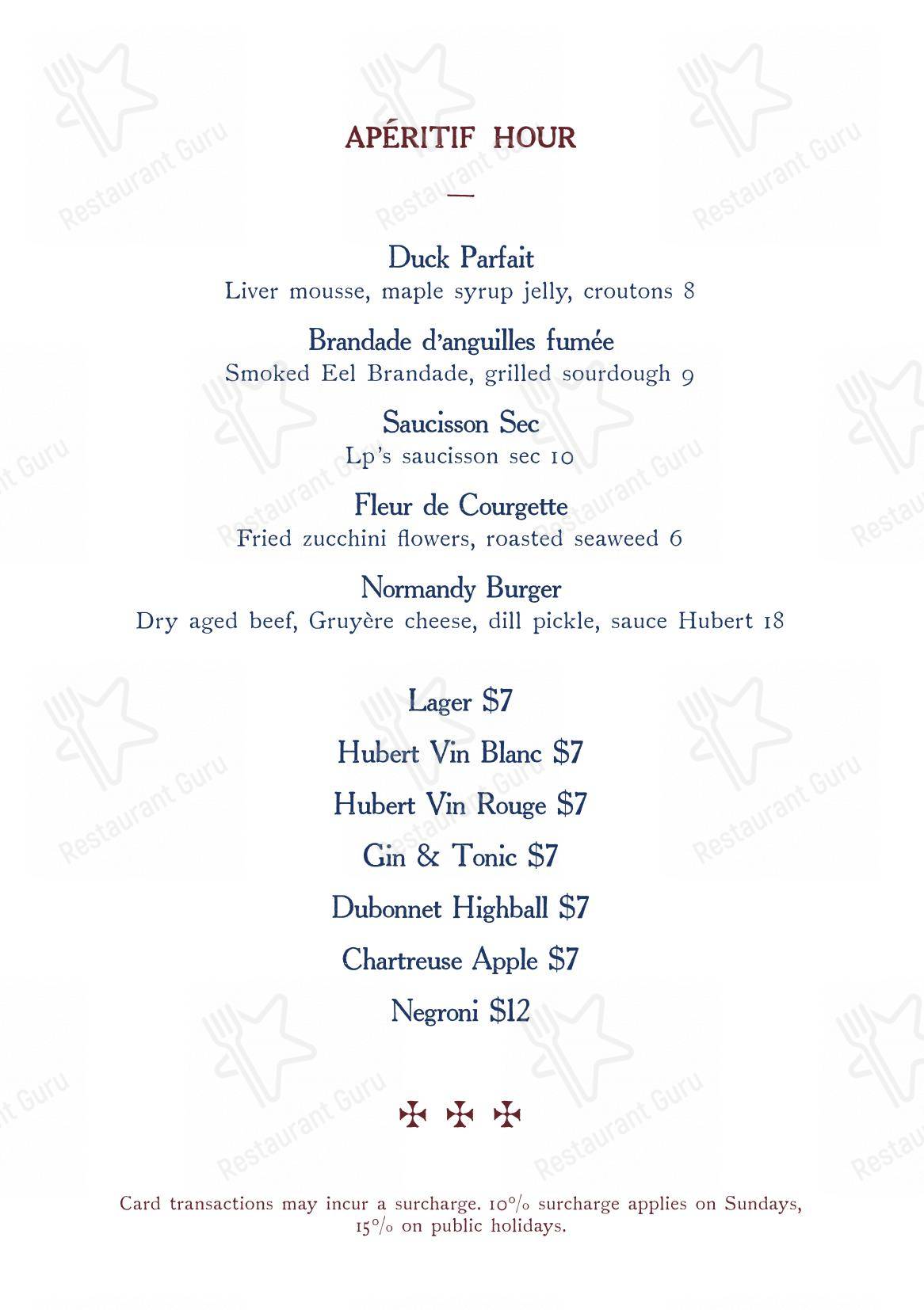 Menu at Restaurant Hubert, Sydney