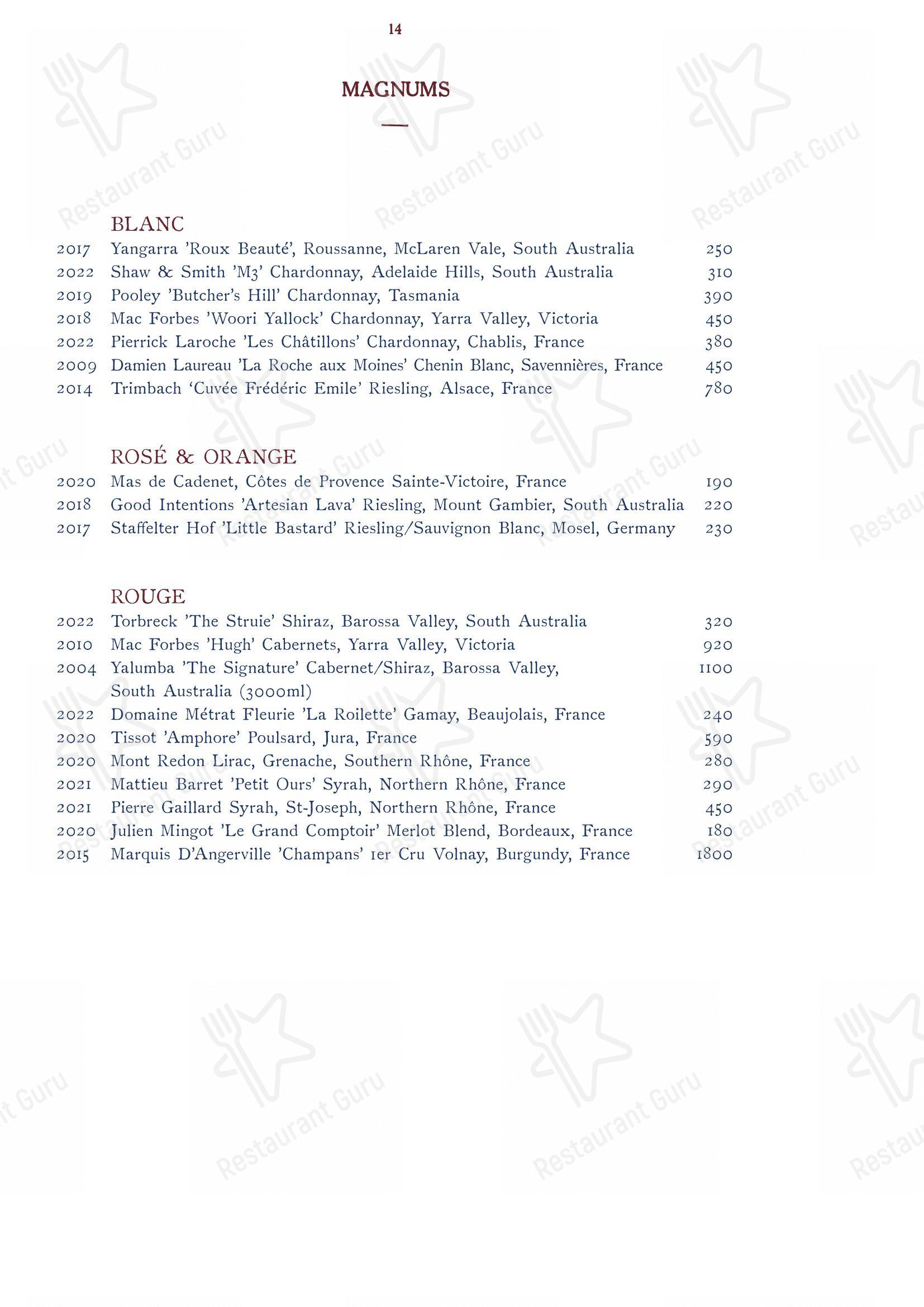 Menu at Restaurant Hubert, Sydney