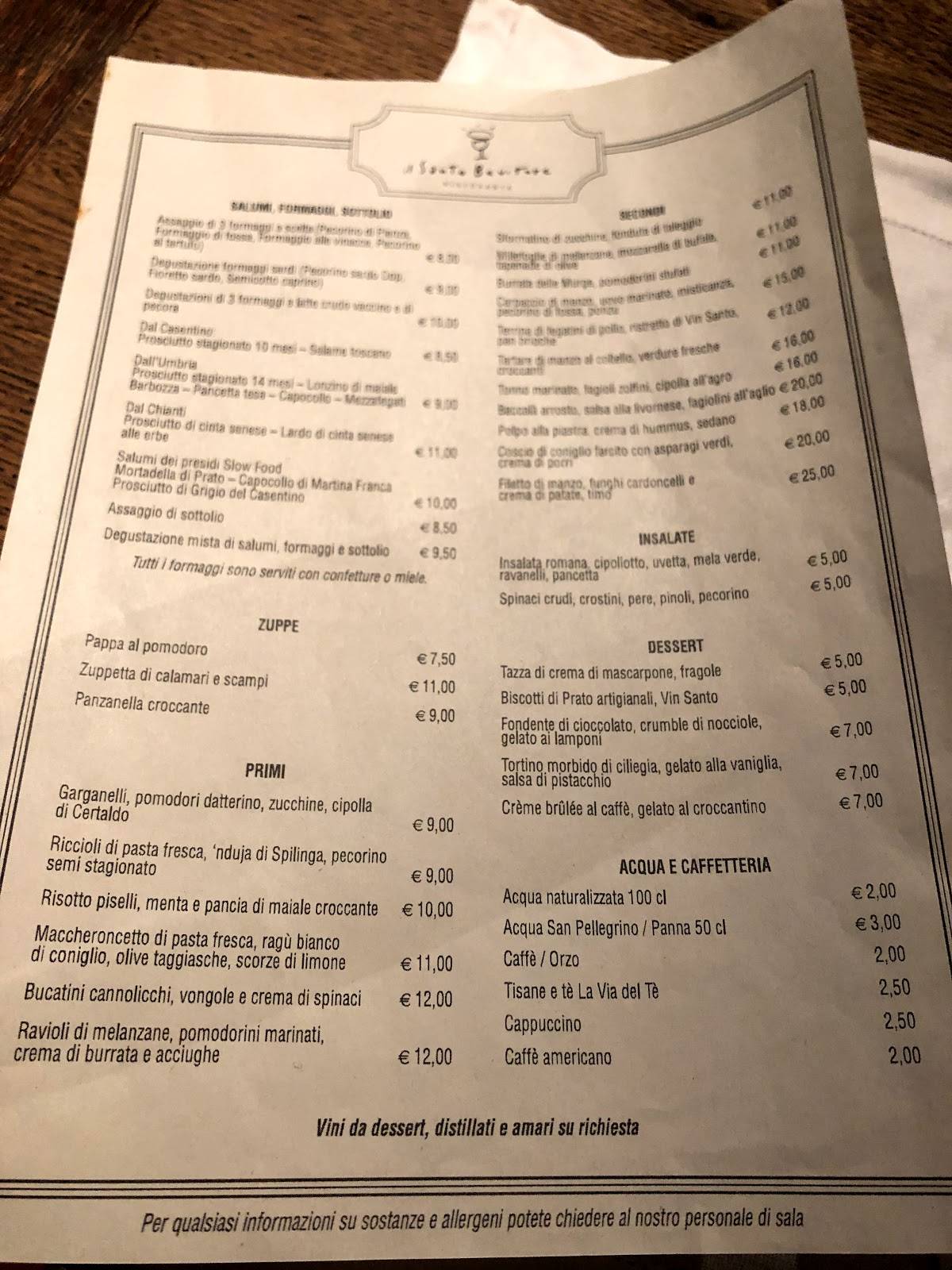Menu at Il Santo Bevitore restaurant, Florence, Via Santo Spirito