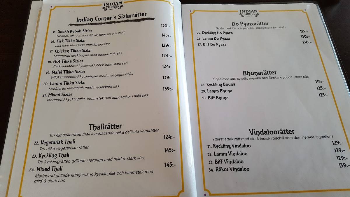 Menu au Indian Corner restaurant, Düsseldorf