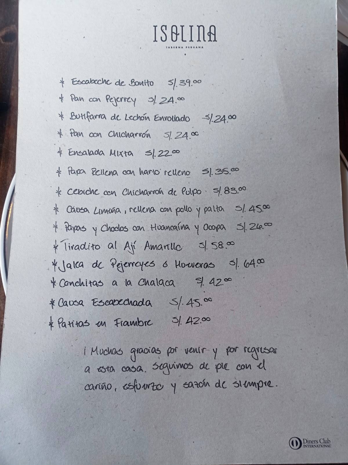 Carta del restaurante Isolina Taberna Peruana, Barranco