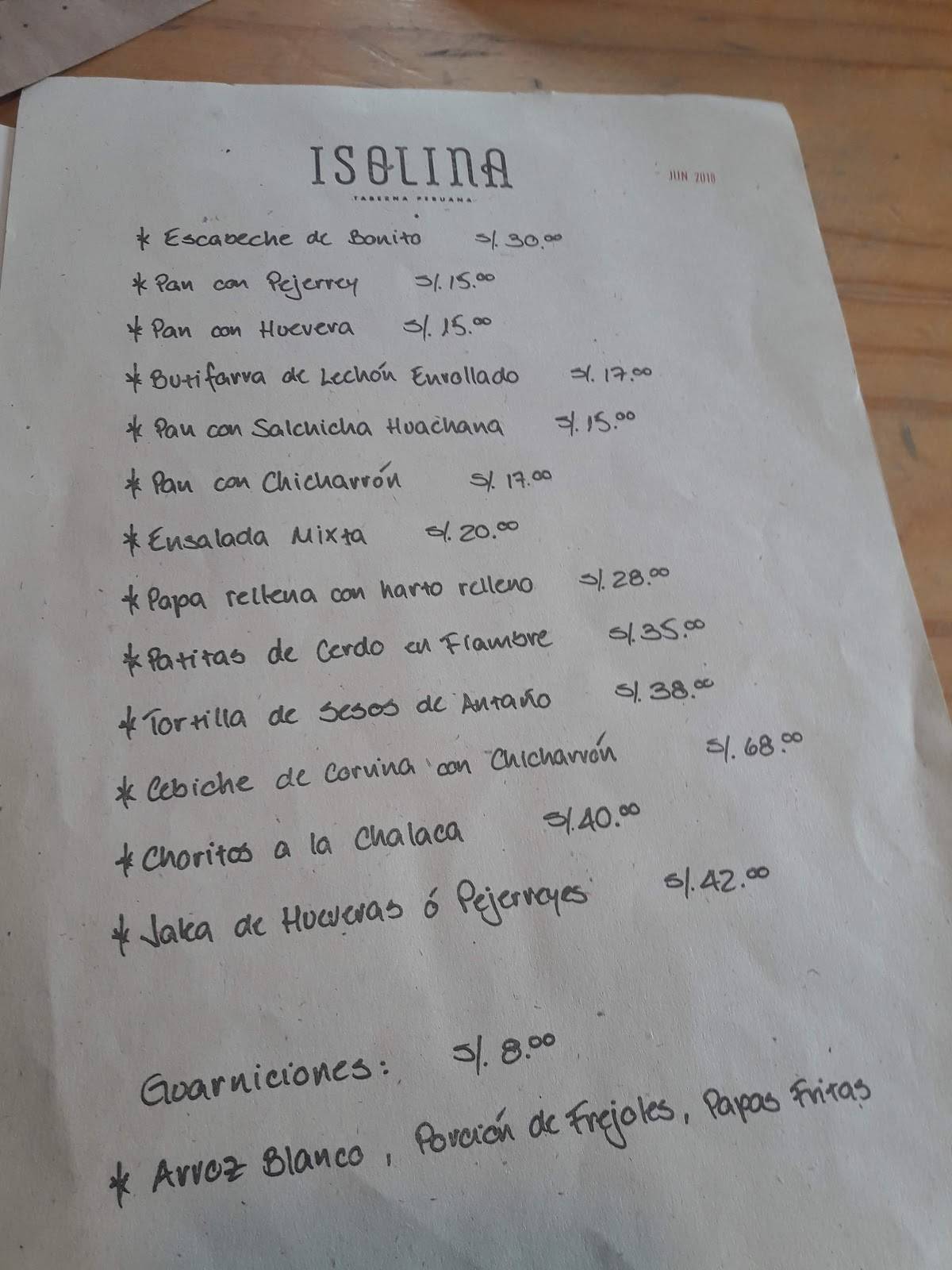 Carta del restaurante Isolina Taberna Peruana, Barranco