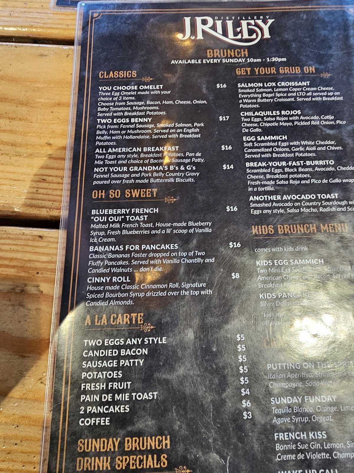 Carta del restaurante J Riley Distillery, Redlands