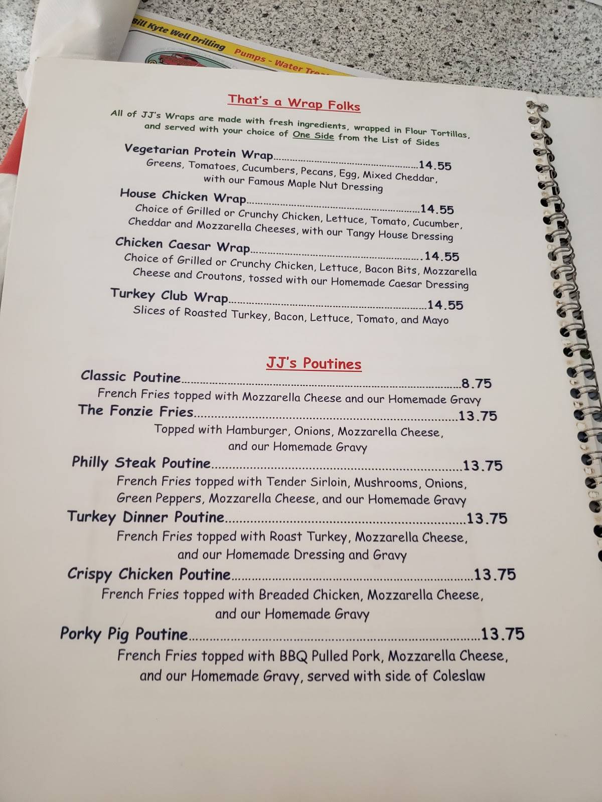 Menu at JJ's Diner restaurant, Sussex