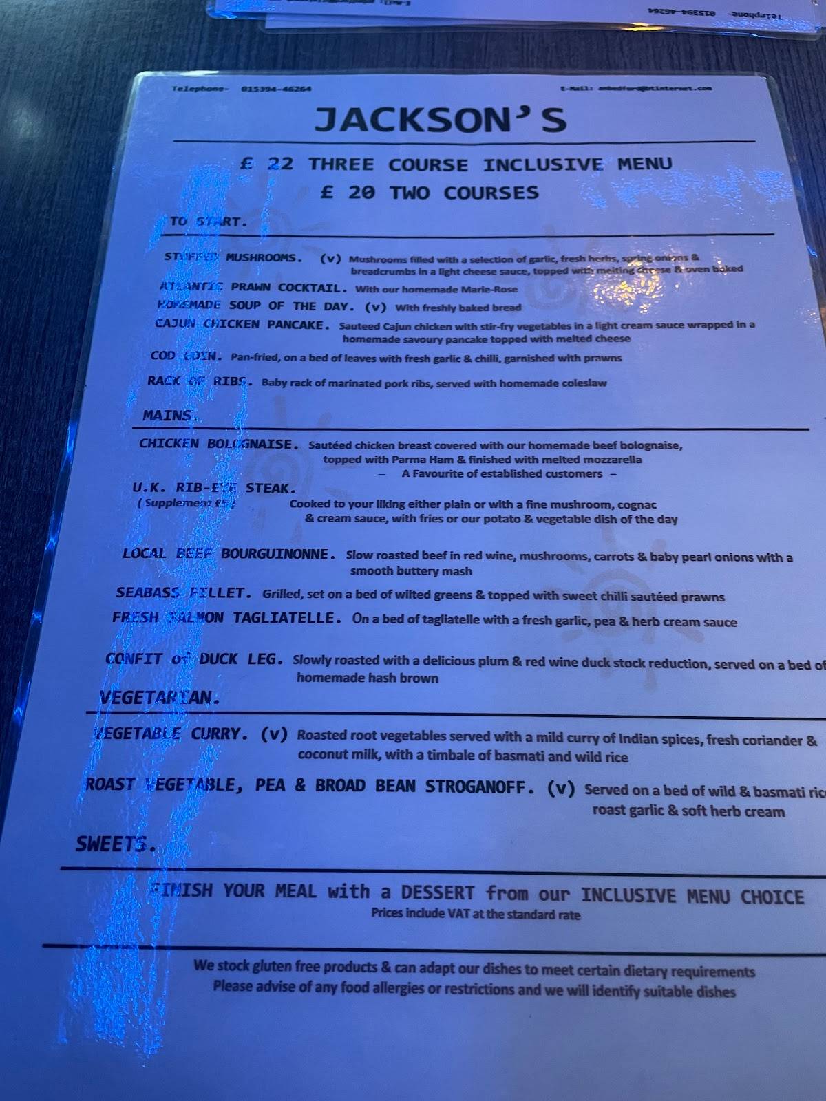 Menu at Jackson's Bistro restaurant, Windermere