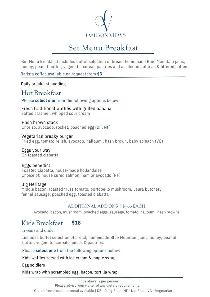 Menu at Jamison Views Restaurant, Katoomba, Lovel St