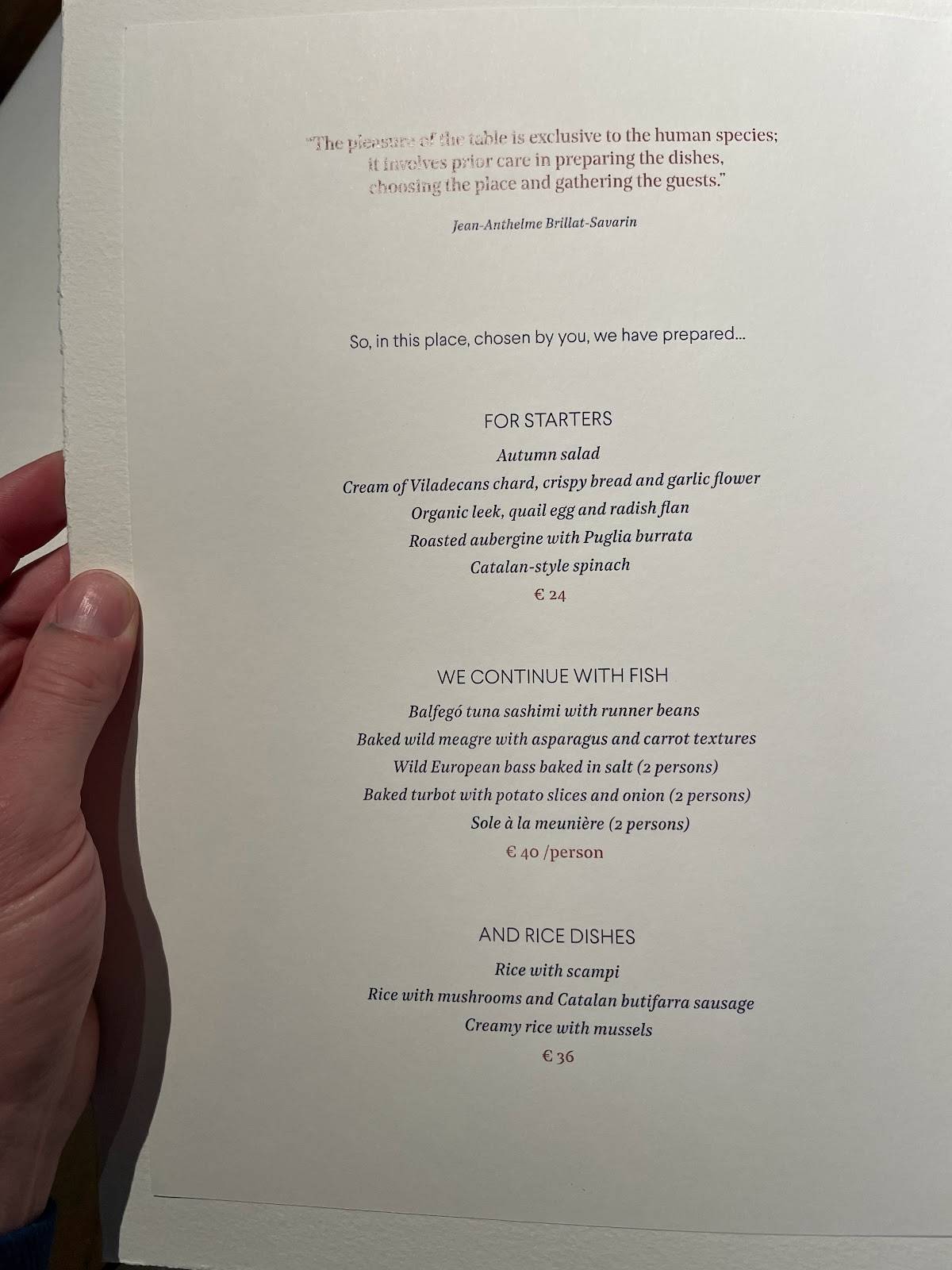 Carta del restaurante Jardín del Alma, Barcelona