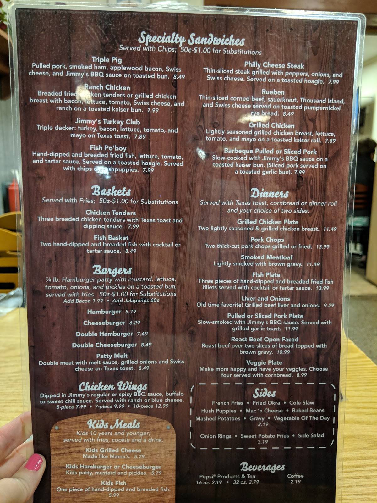 Menu at Jimmy's Grill restaurant, Molino, US-29
