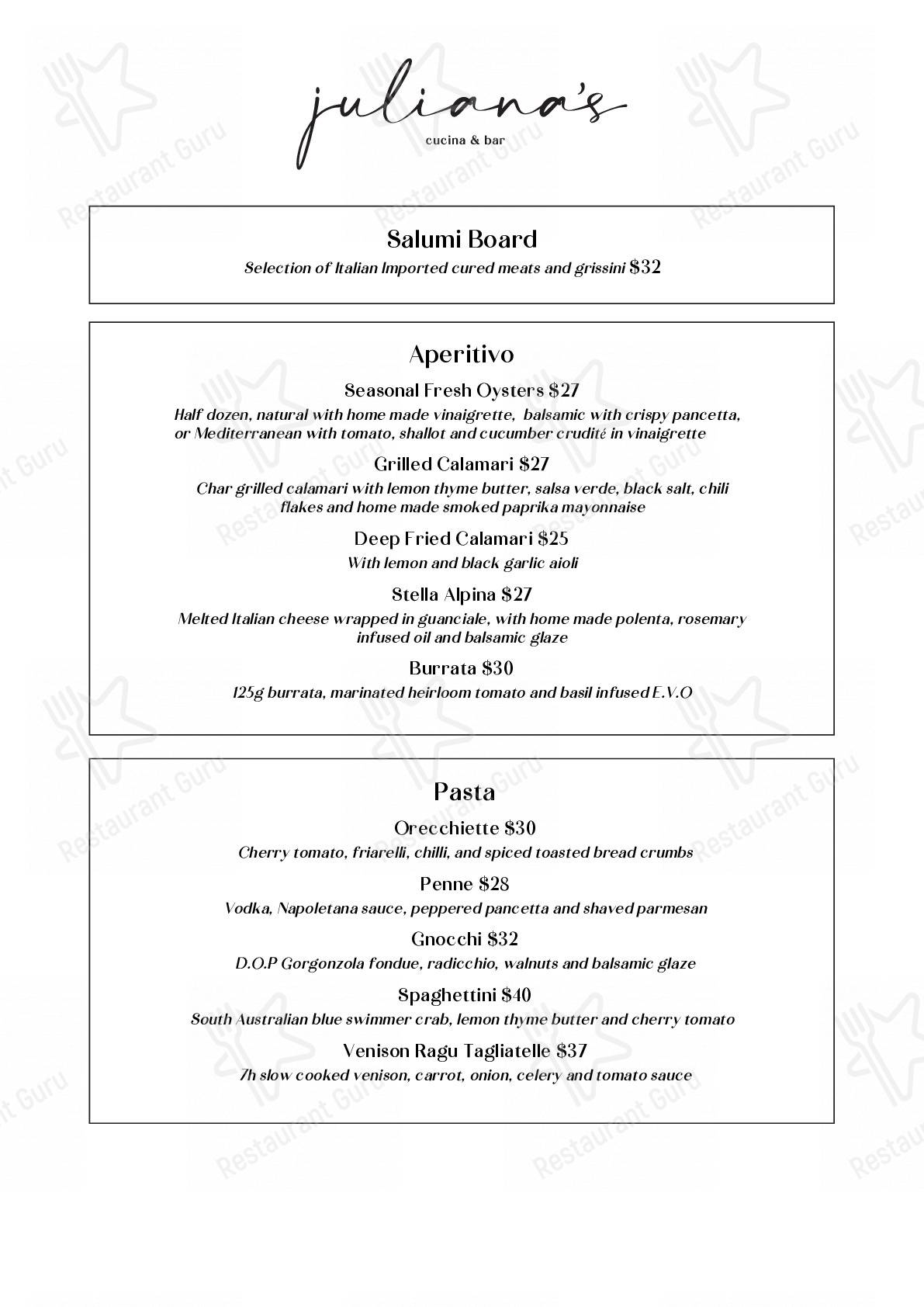 Menu at Juliana's Cucina & Bar, Moonee Ponds