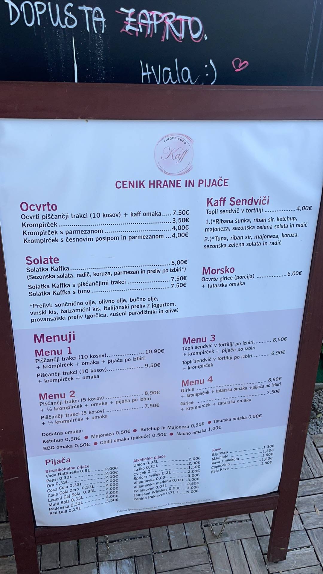 Menu at KAFF finger food restaurant, Ljubljana