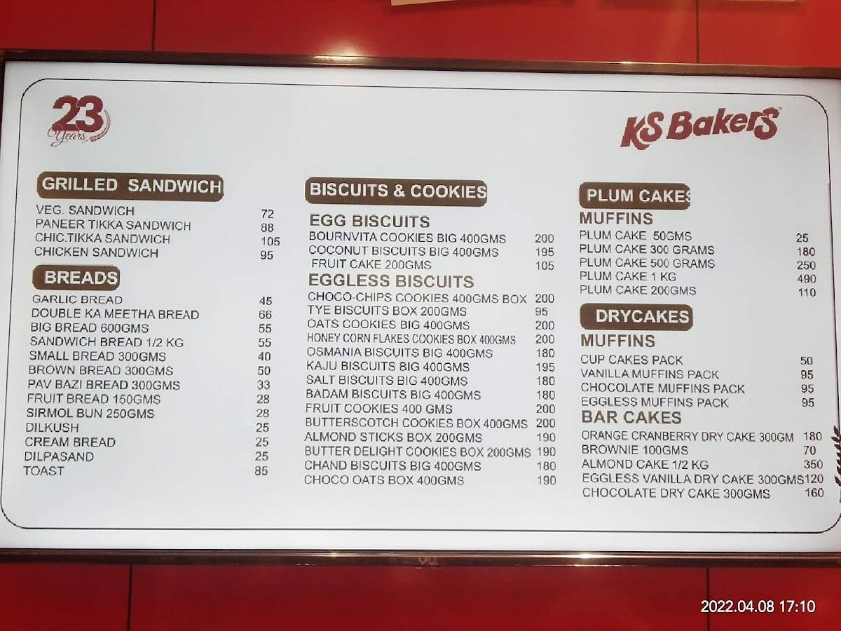 Menu at KS Bakers, Hyderabad, Kondapur Main Road