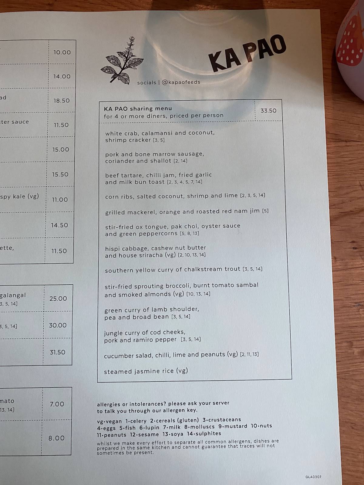 Menu at Ka Pao Glasgow restaurant, Glasgow