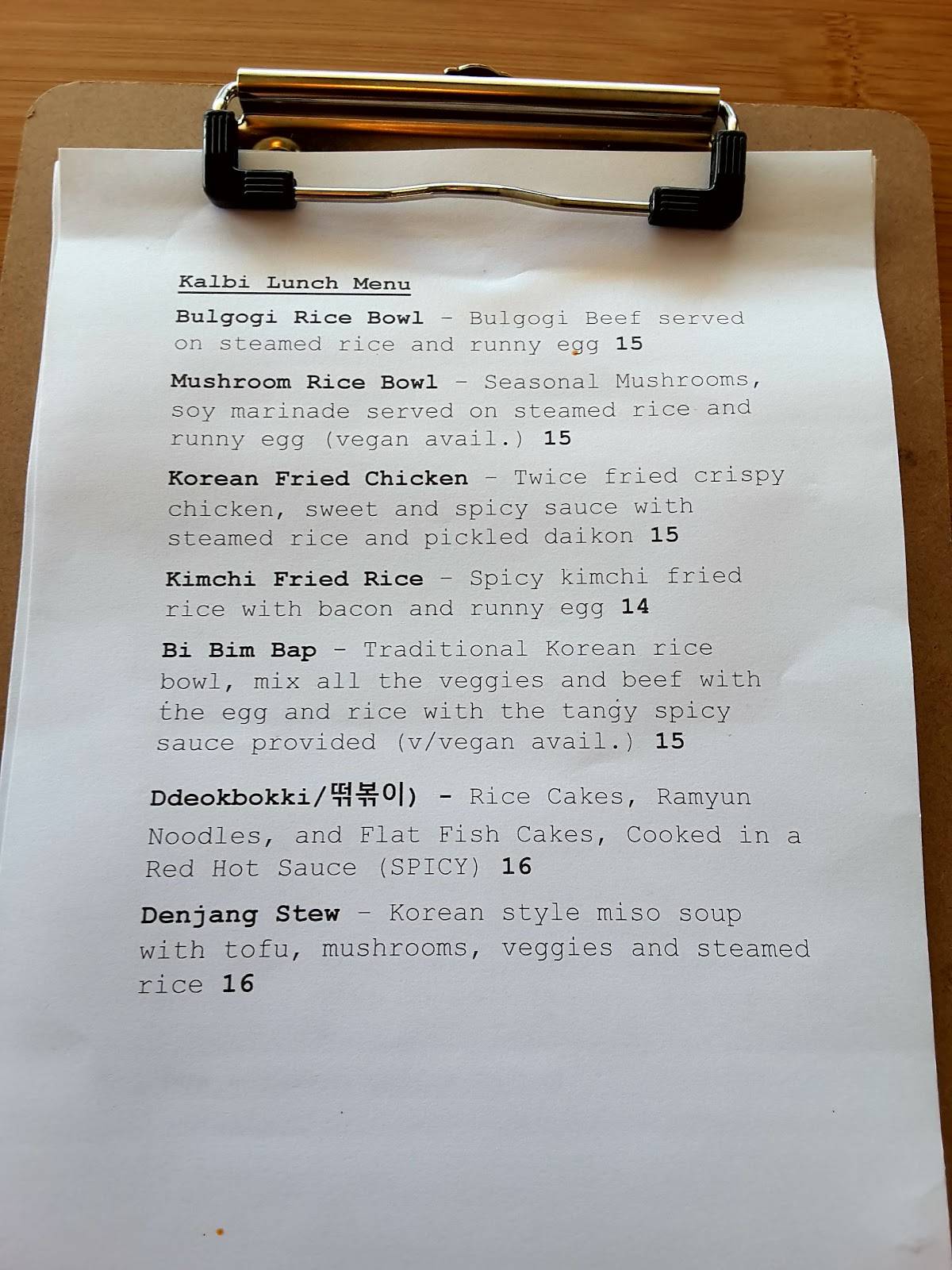 Menu at Kalbi restaurant, North Hobart