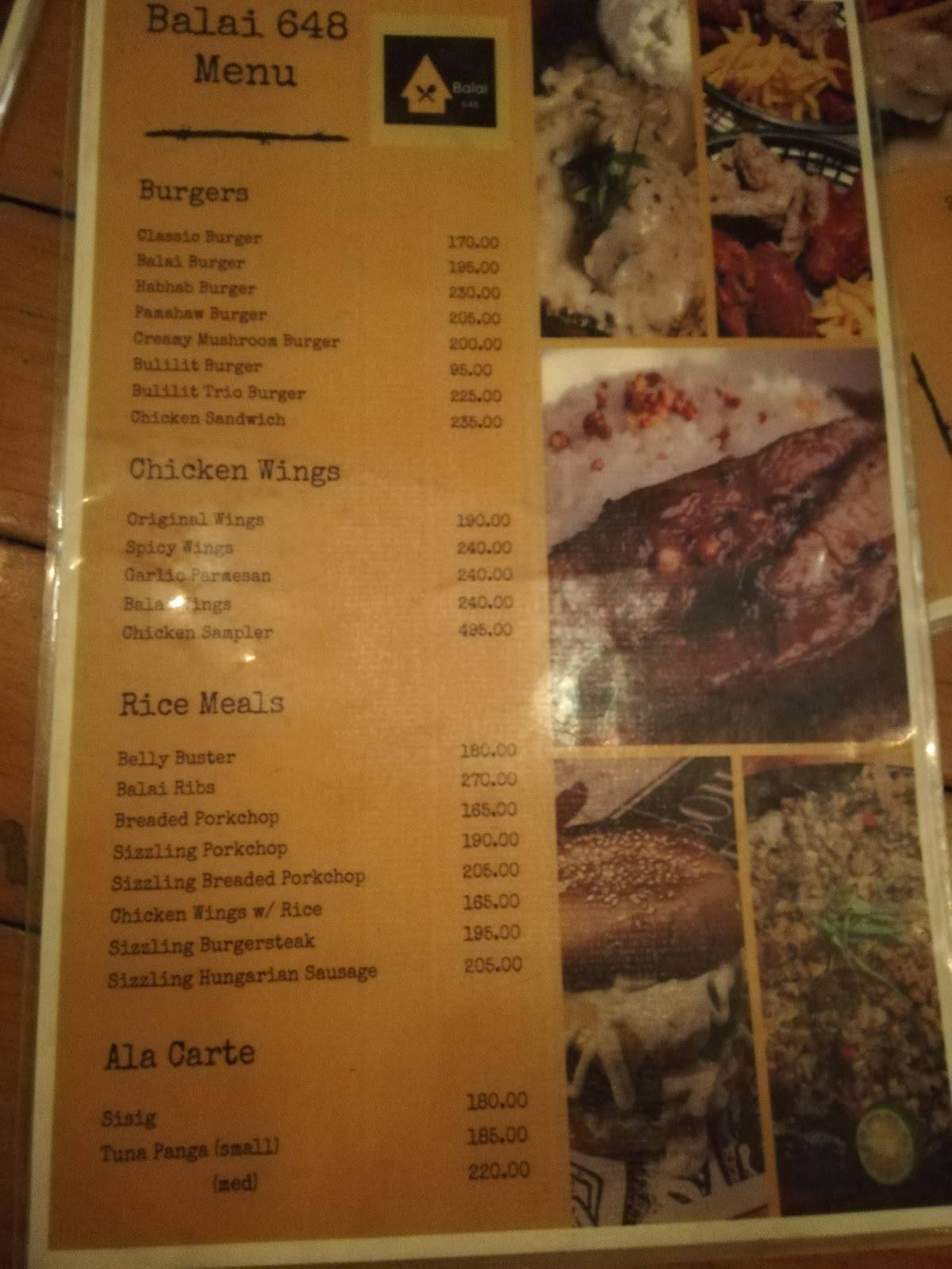 Menu at Kalye 648 restaurant, Cebu City