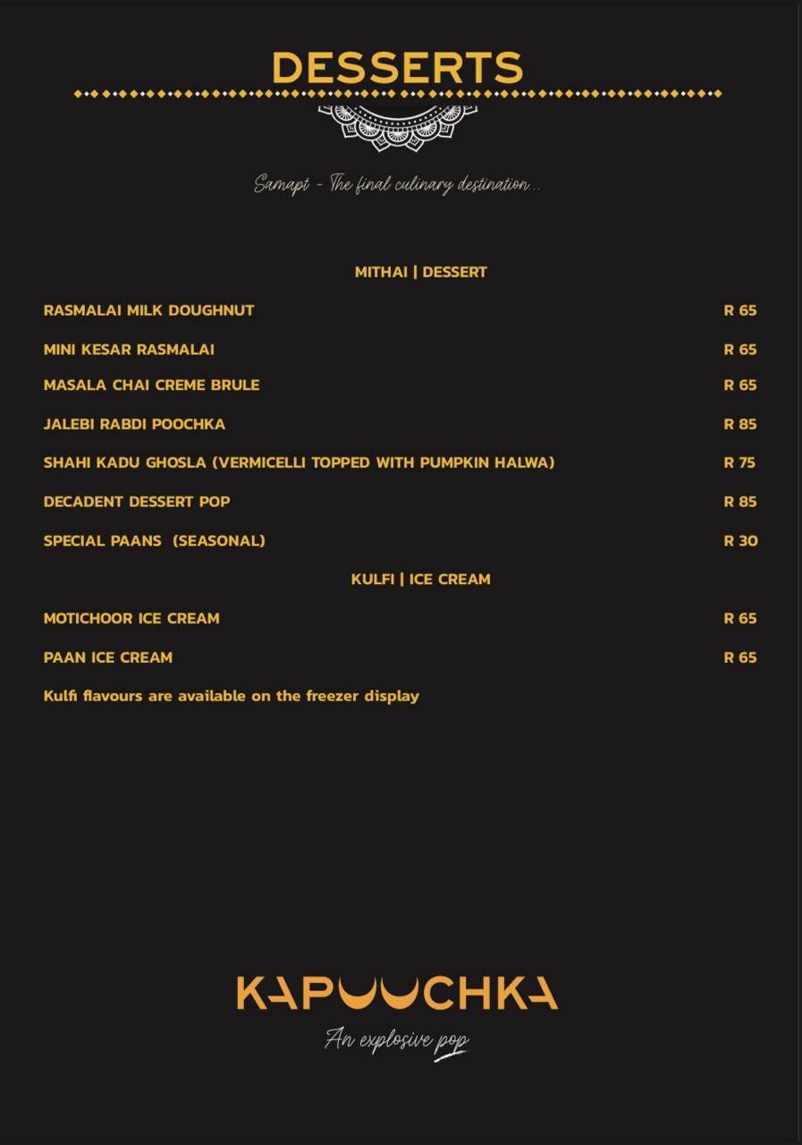 Menu at Kapoochka restaurant, Cape Town