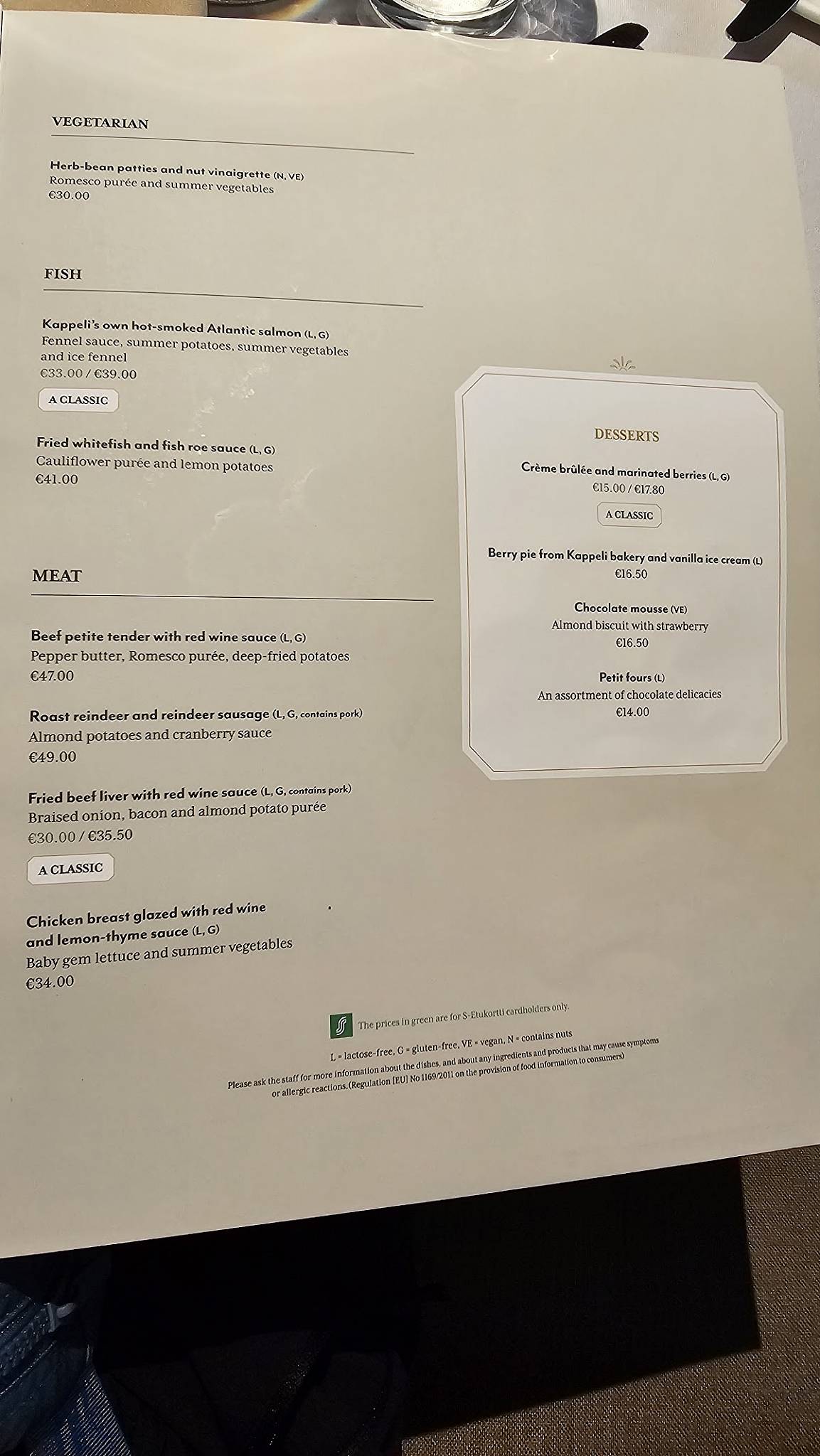 Menu at Kappeli restaurant, Helsinki, Eteläesplanadi 1