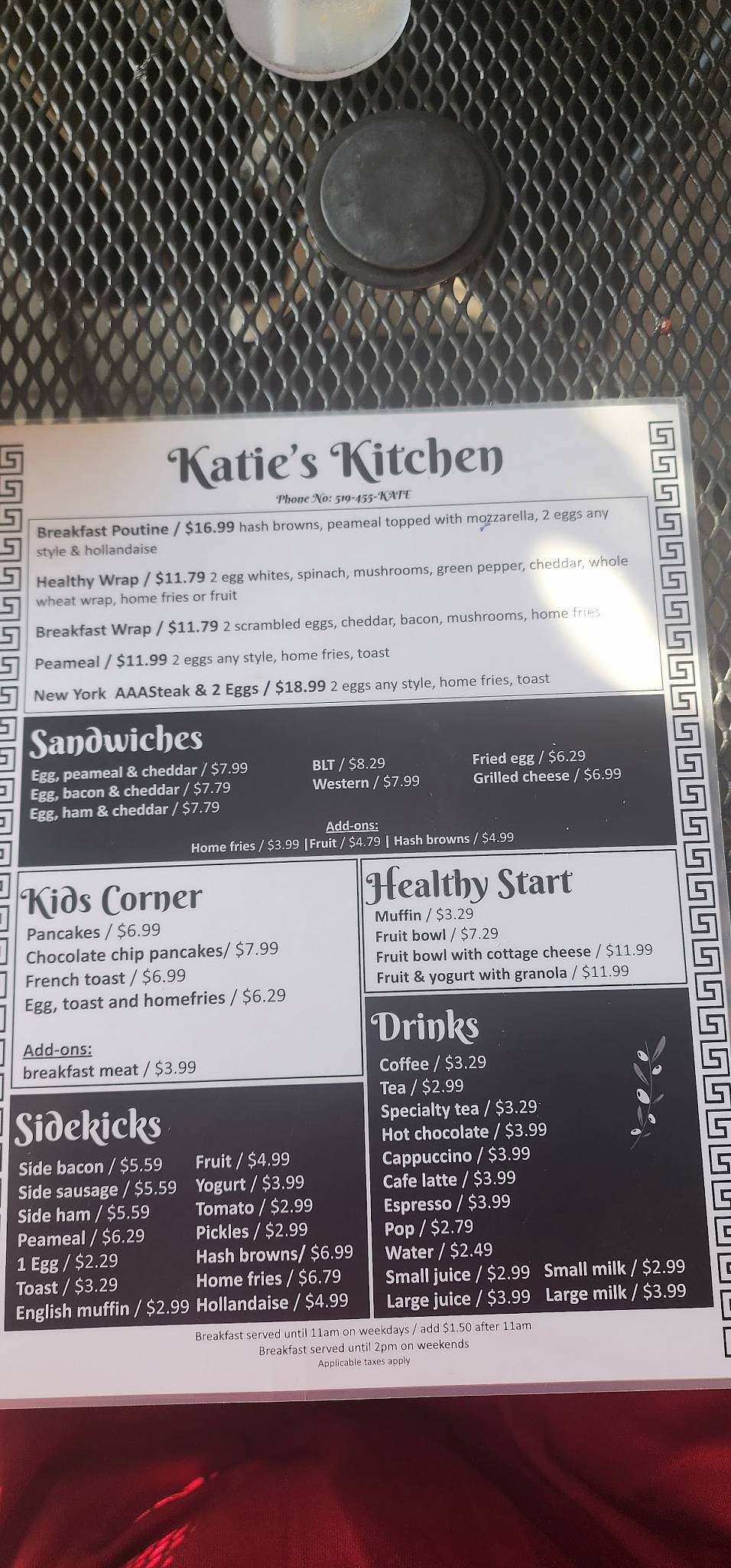 Menu at Katie's Kitchen restaurant, London