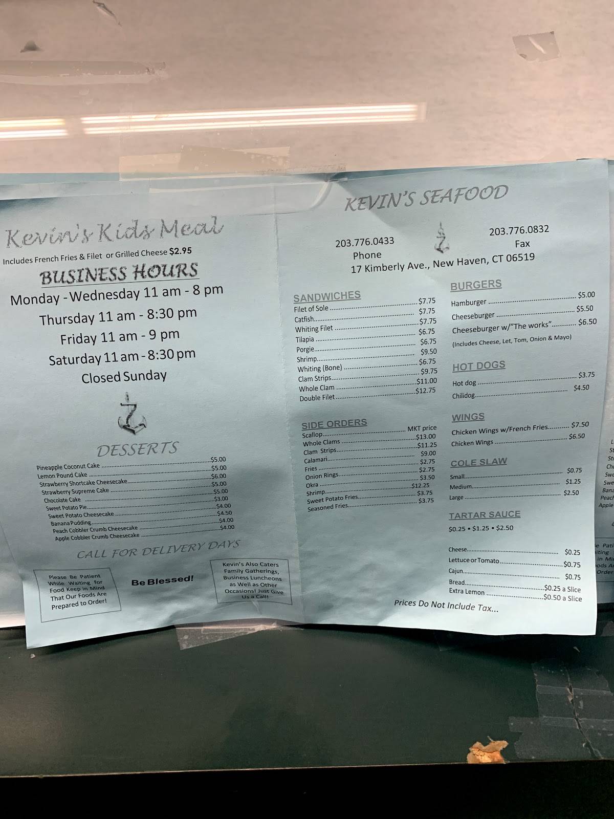 Menu at Kevin's Seafood restaurant, New Haven