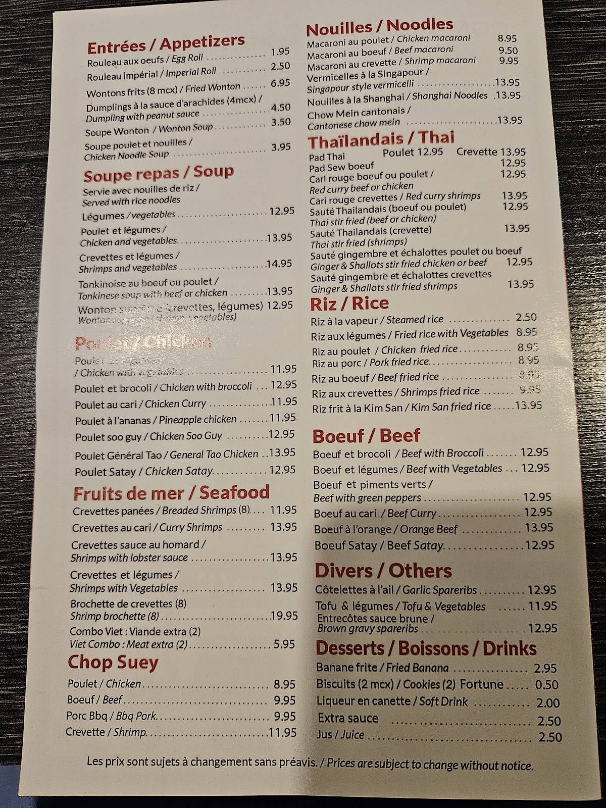 Menu au Restaurant Kim San, Montréal