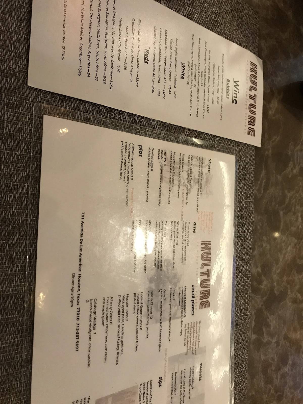 Menu at Kulture restaurant, Houston
