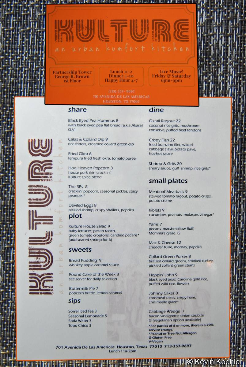 Menu at Kulture restaurant, Houston