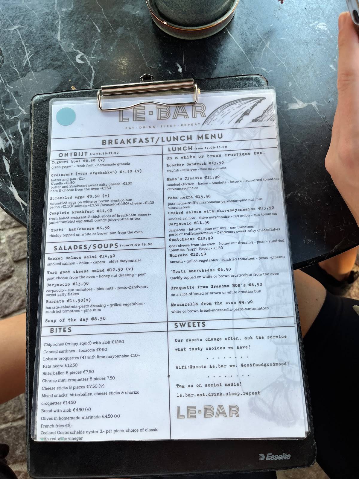 Menu at LE•BAR, Zandvoort