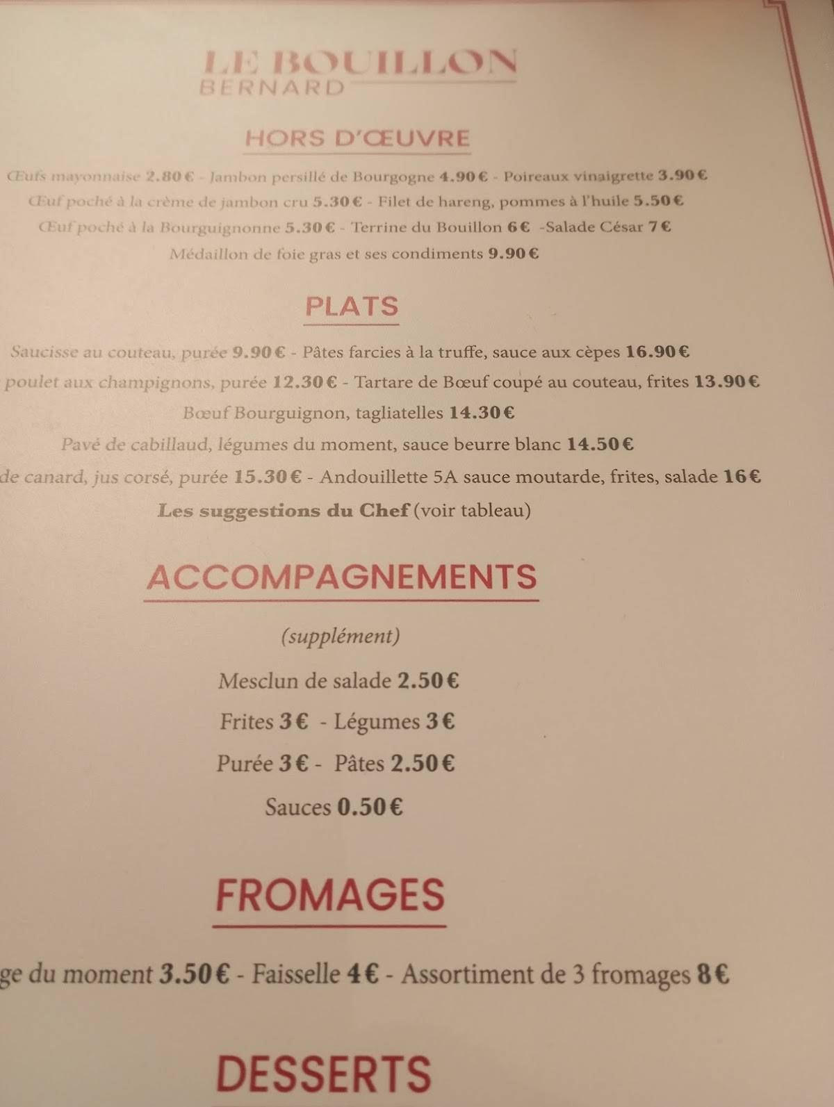 Menu au LE BOUILLON BERNARD restaurant, Chalon-sur-Saône