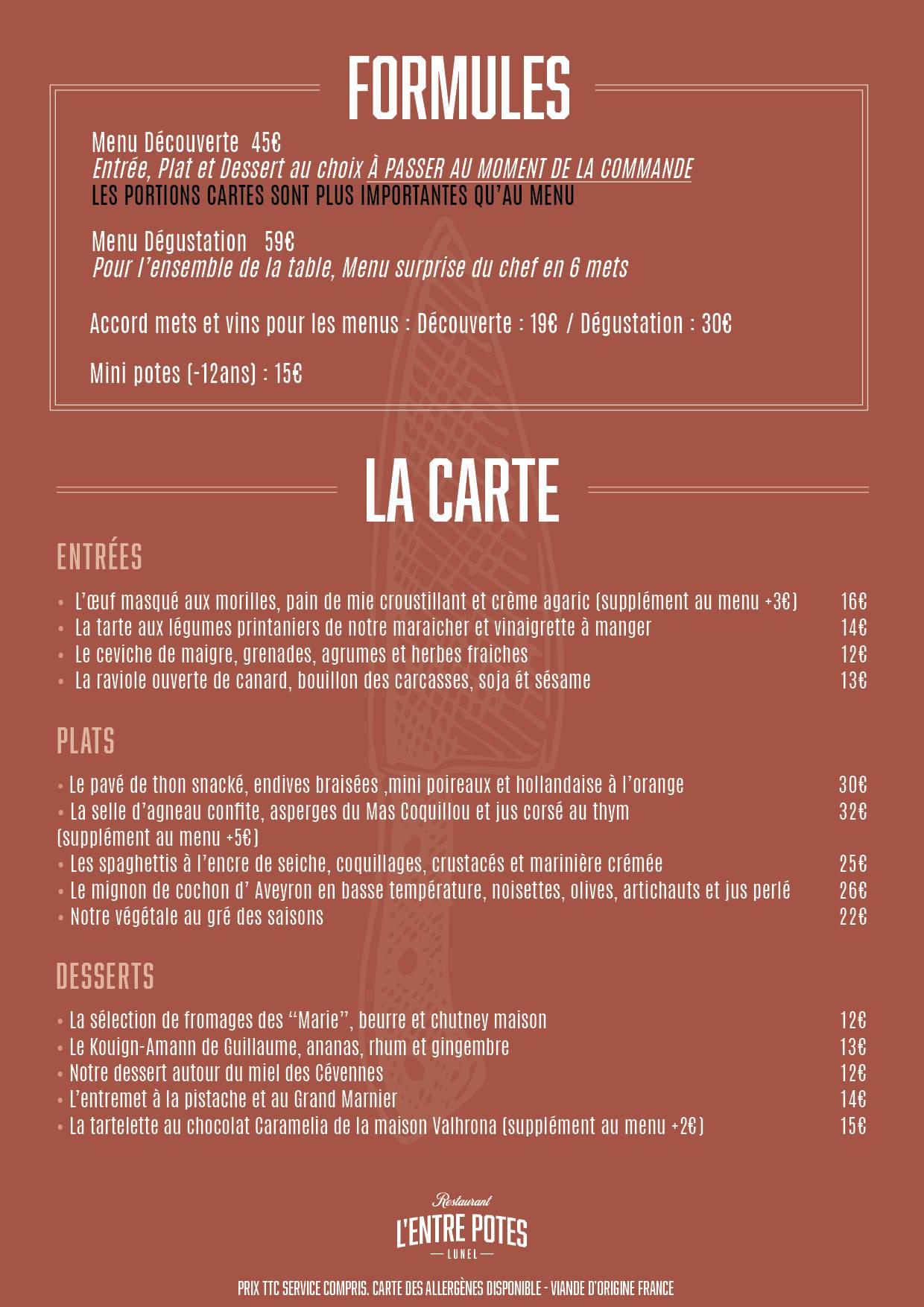 Menu au Restaurant L'entre Potes, Lunel
