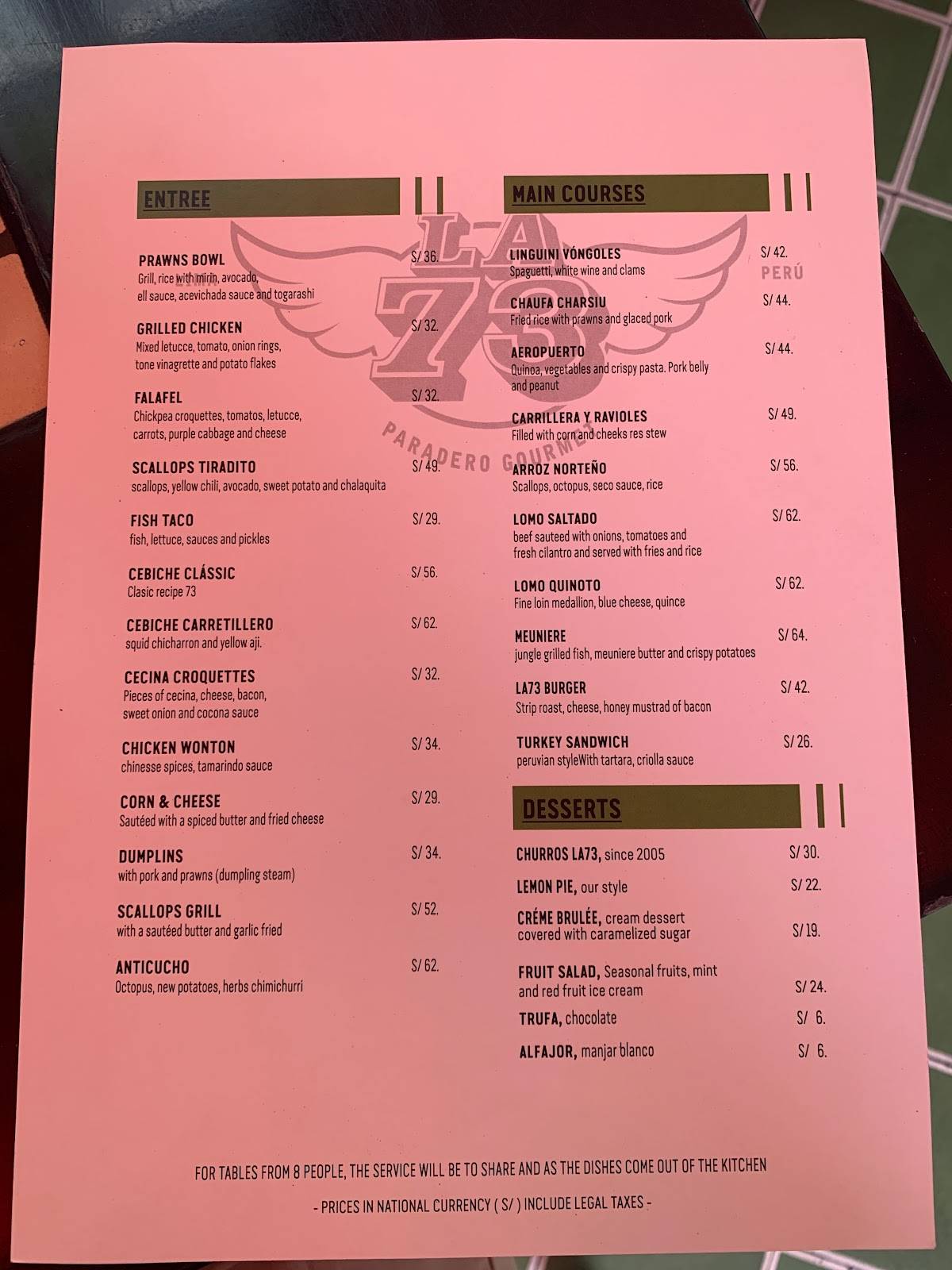 Carta del restaurante La 73, Barranco