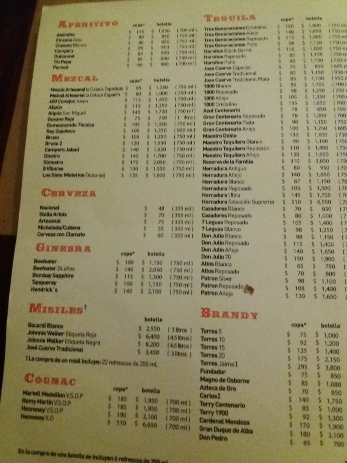 Carta del restaurante La Calaca, Ciudad del México, Centenario 2