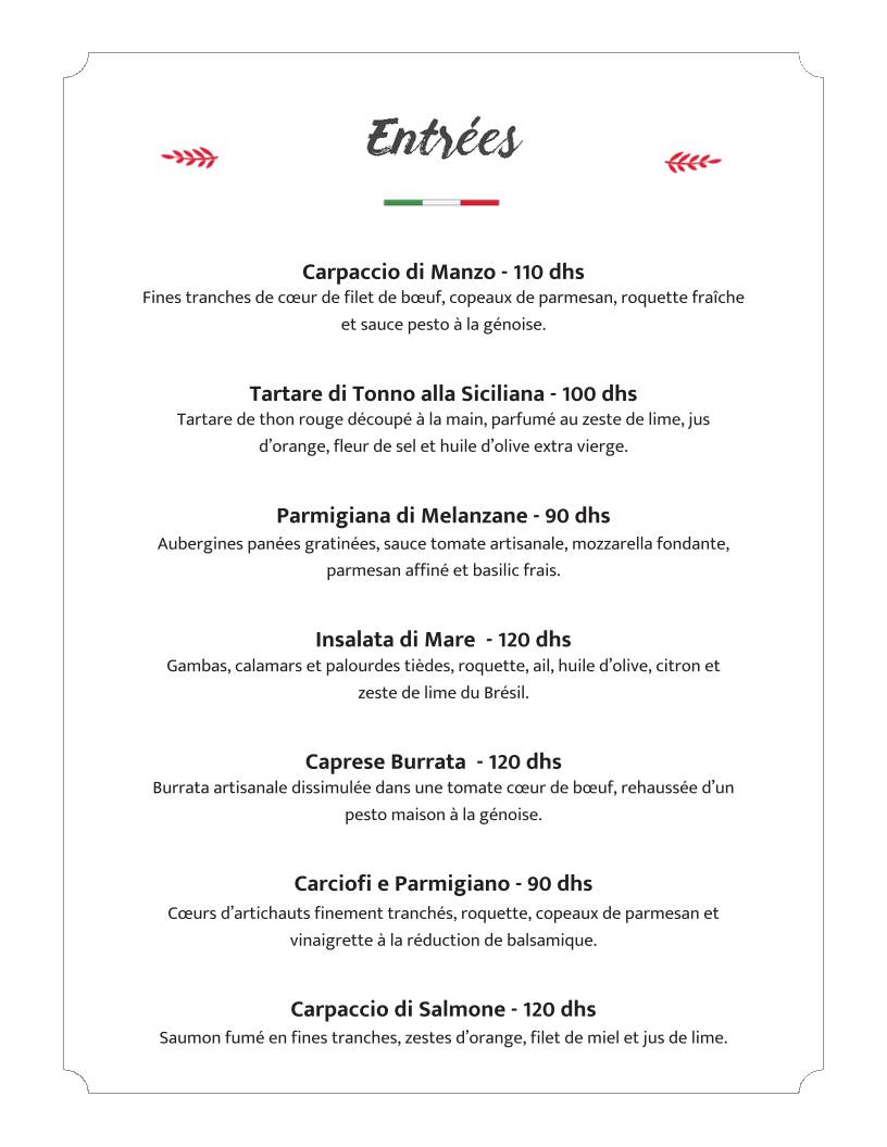 Menu at La Casa Napoli restaurant, Marrakesh