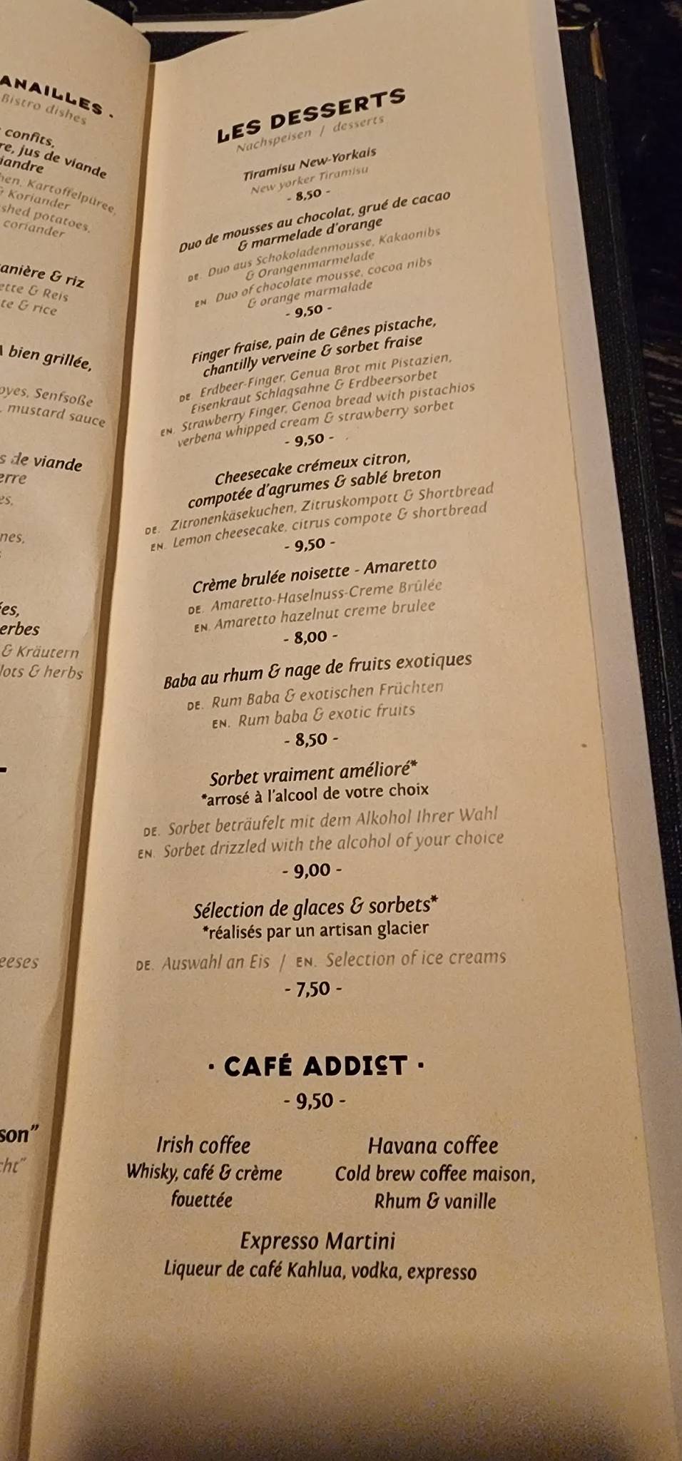 Menu au La Hache restaurant, Strasbourg
