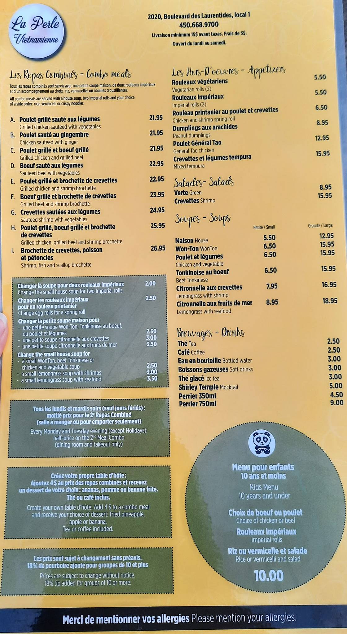 Menu au La Perle Vietnamienne restaurant, Laval, Boulevard des Laurentides