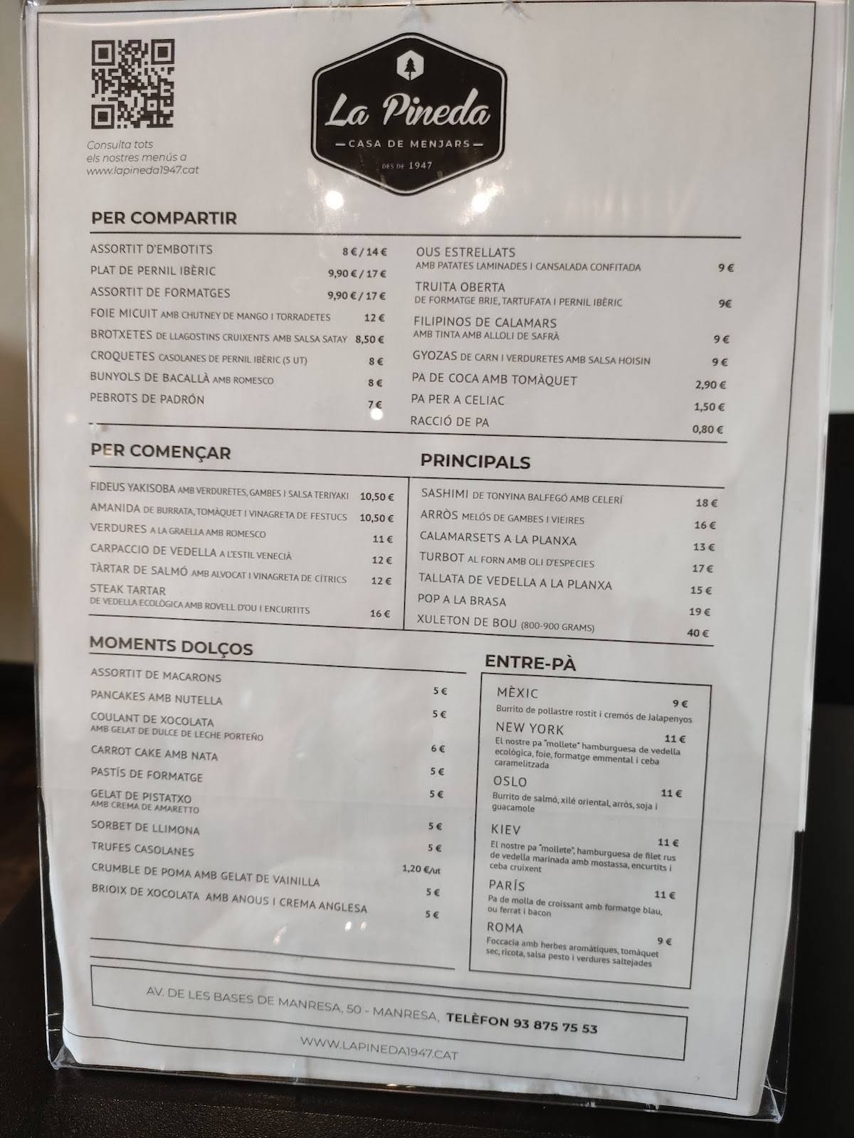 Carta de Restaurant La Pineda, Manresa