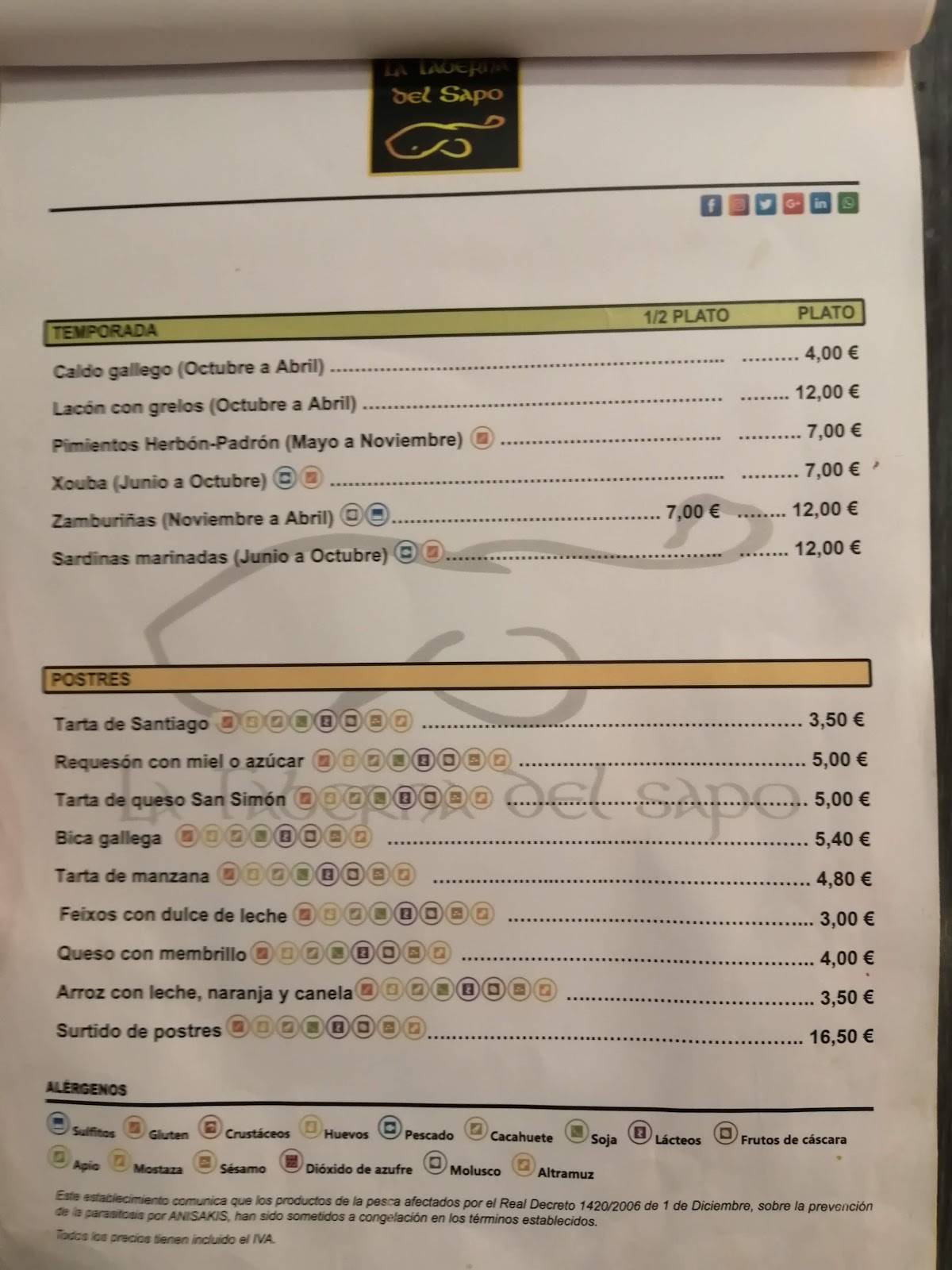 Carta del restaurante La Taberna del Sapo, El Puerto del Santa María