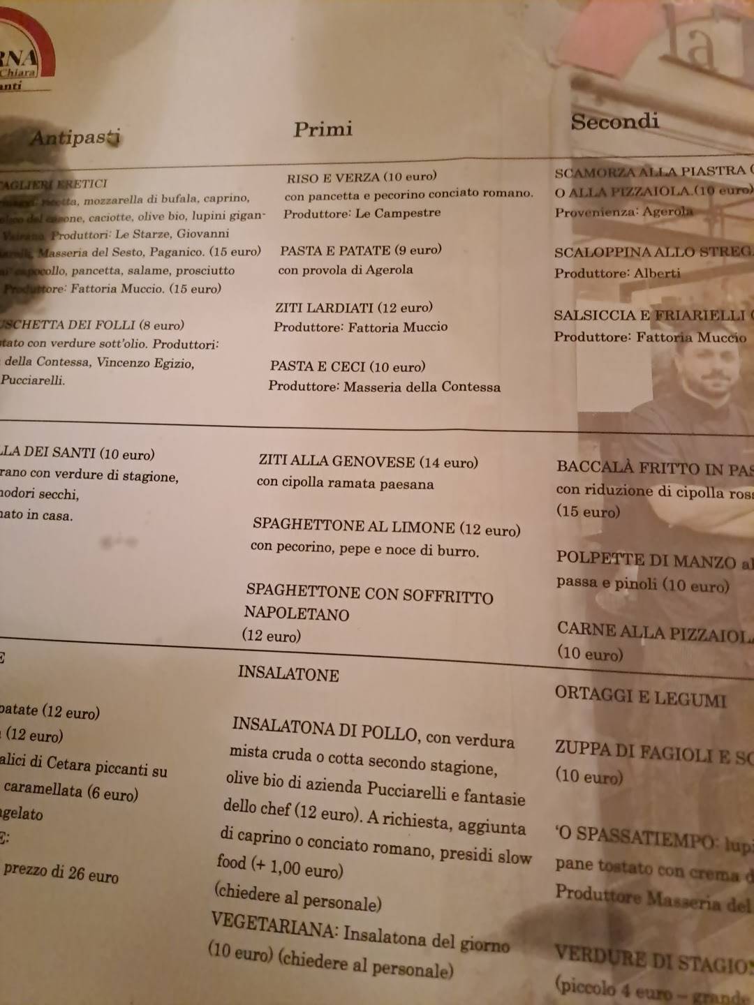 Menu at La Taverna di Santa Chiara restaurant, Naples