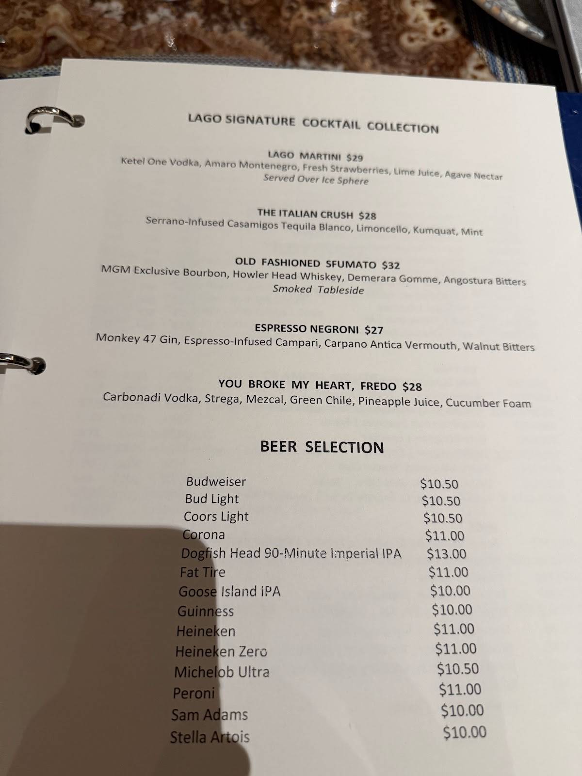 Menu at Lago restaurant, Las Vegas, 3600 S Las Vegas Blvd