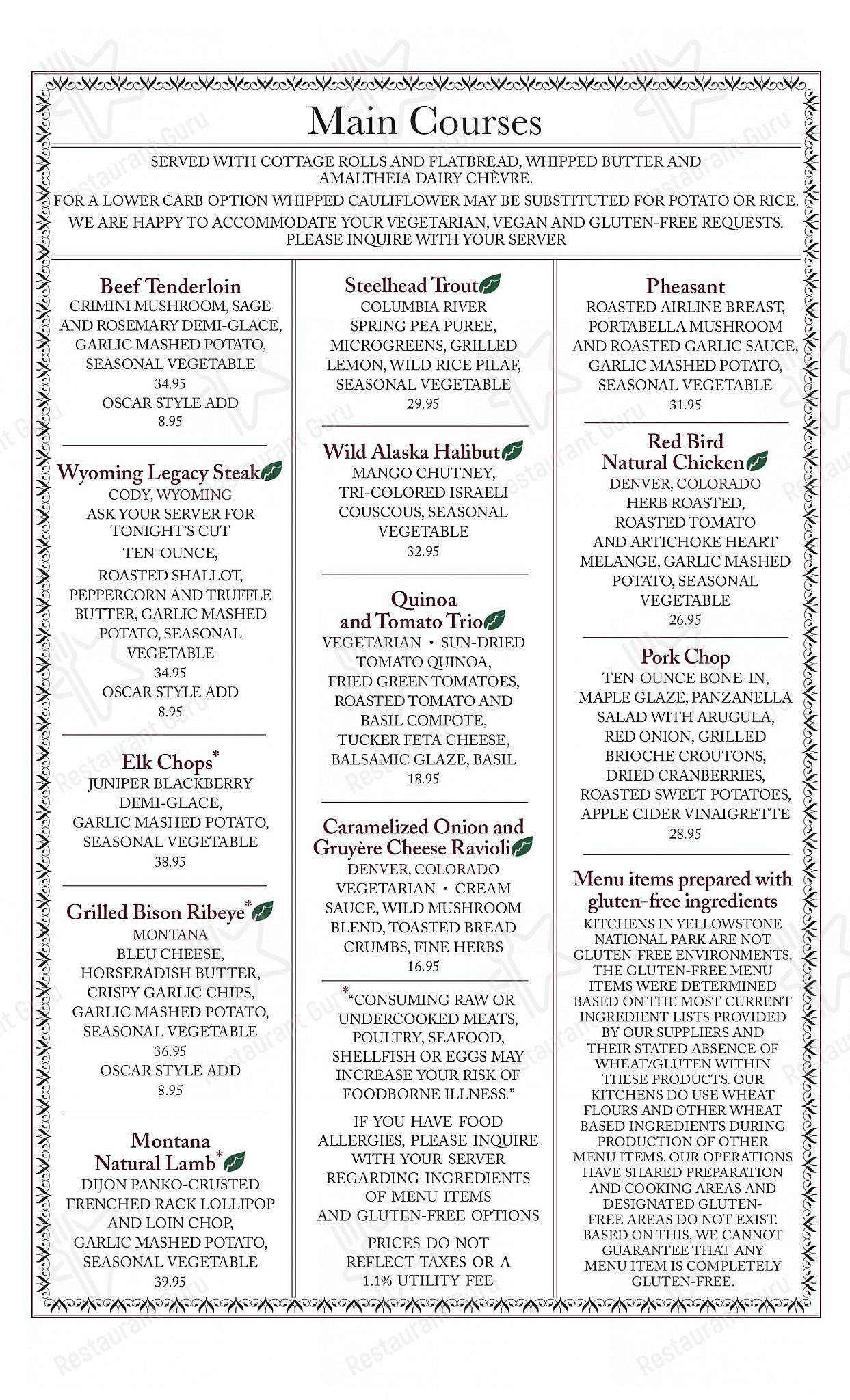 Menu at Lake Yellowstone Hotel Dining Room restaurant, USA, 236 ...