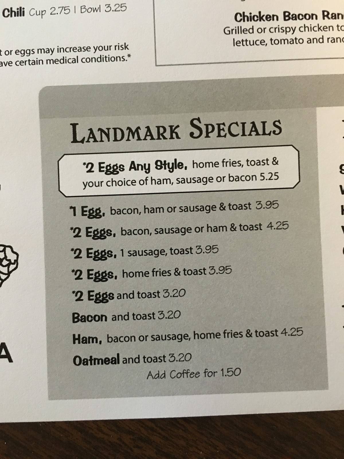 Menu at Landmark Hotel restaurant, Tidioute