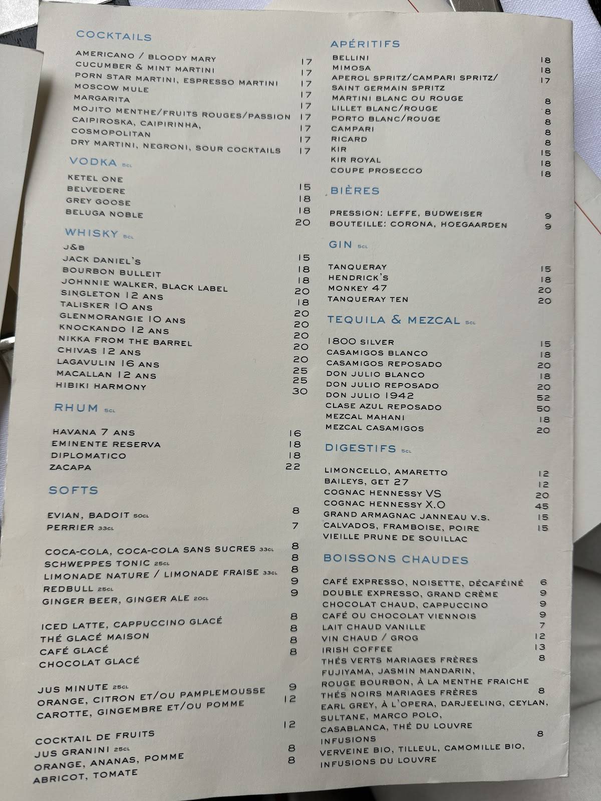 Menu at Le Café Marly, Paris, 93 Rue de Rivoli